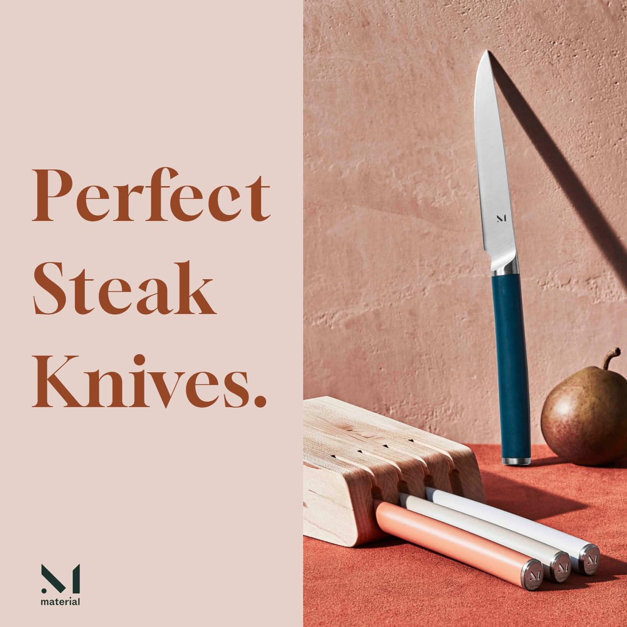 Material, The 5pc Stainless Steel Steak Knives Set, 4 Knives + Holder, Razor Sharp, Matte Finish, Dishwasher Safe, Deep