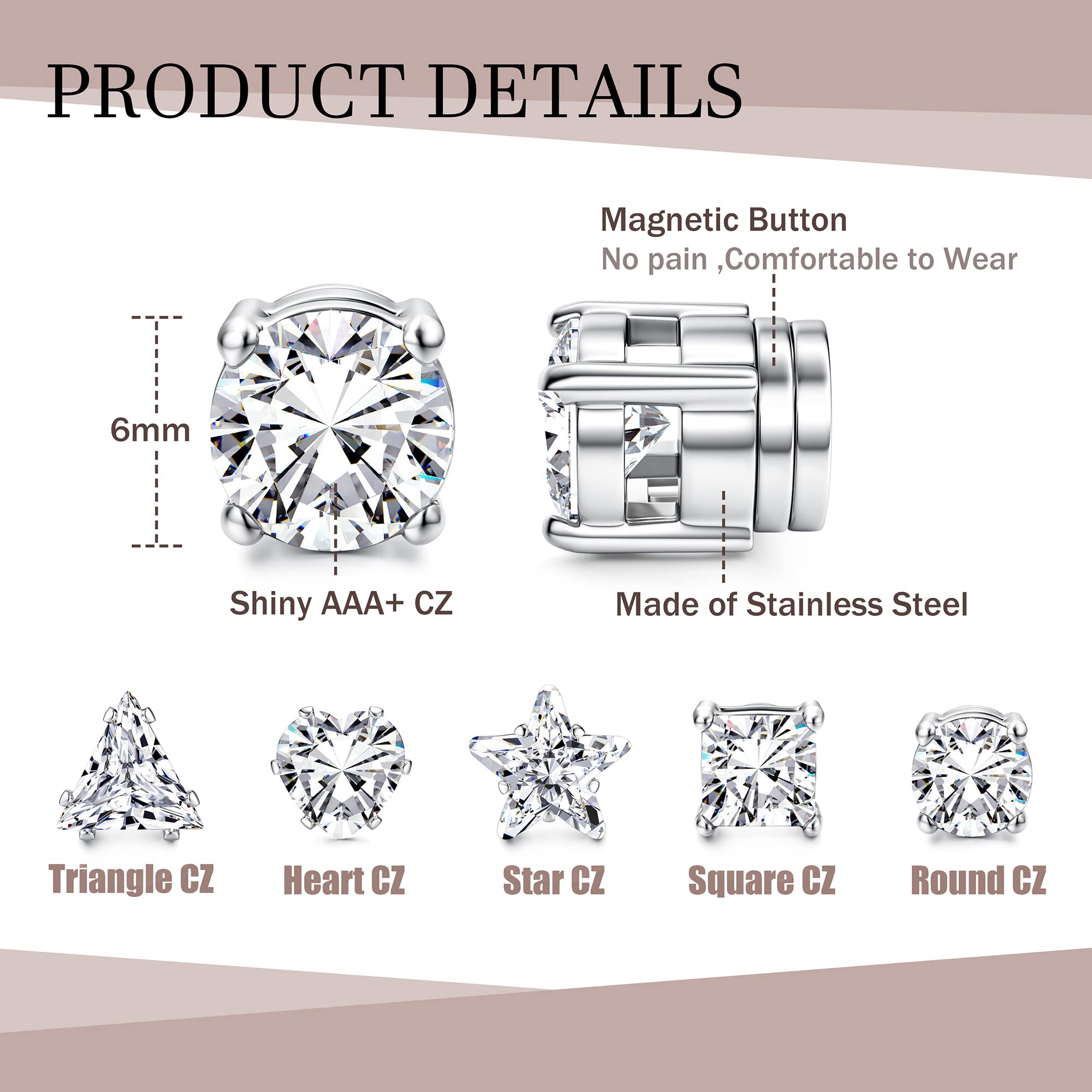 Florideco 5 Pairs Stainless Steel Magnetic Stud Earrings for Women Men Non Piercing CZ Hypoallergenic Earrings Clip On Stud Earrings Set 6MM