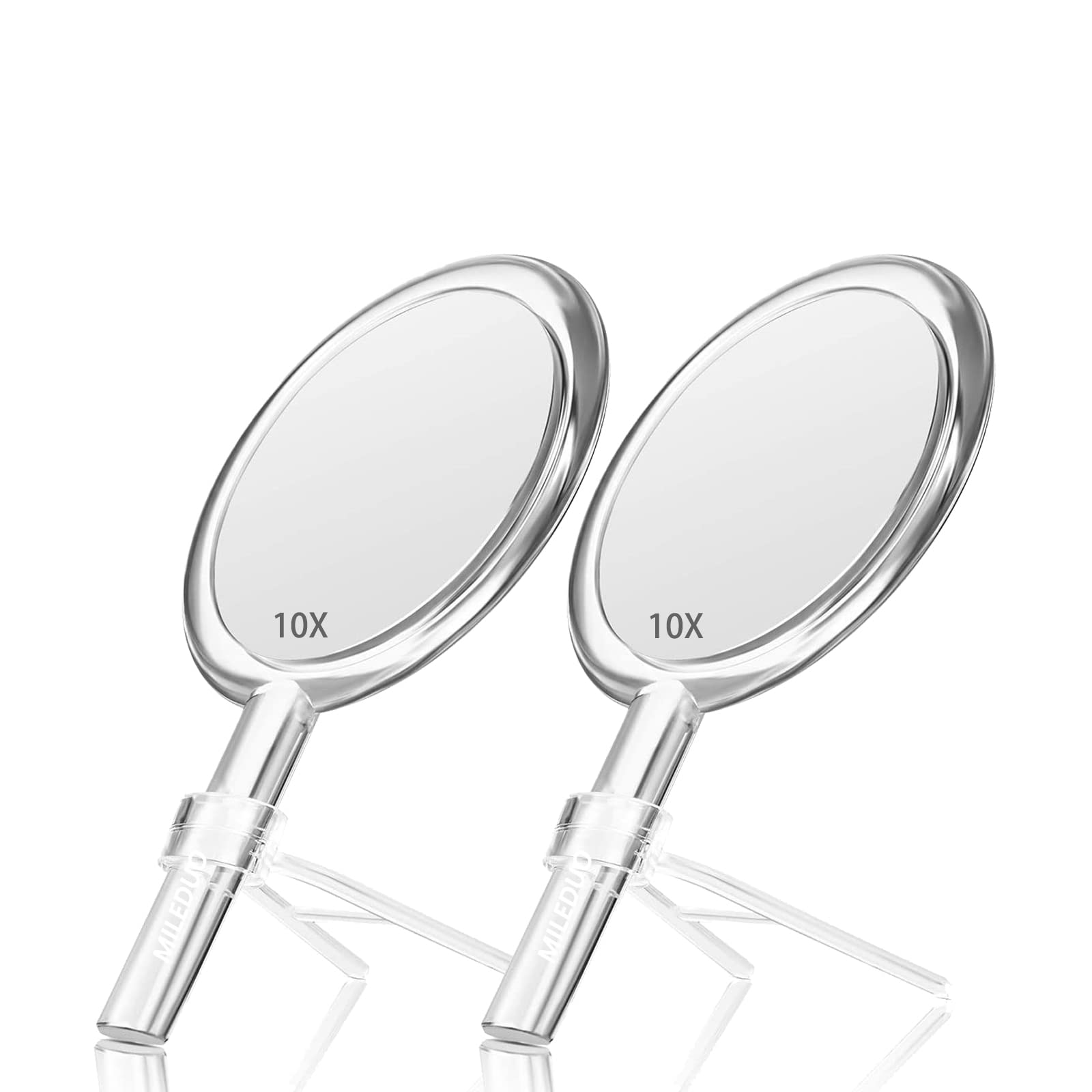 MILEDUO Double-Sided Handheld Mirror with Stand 1X/10X Magnifying Mirror with Handle Clear Adjustable Handheld Mirror Round Makeup Hand Mirror for Women Girls Makeup Tools Home Travel Use 2 pcs