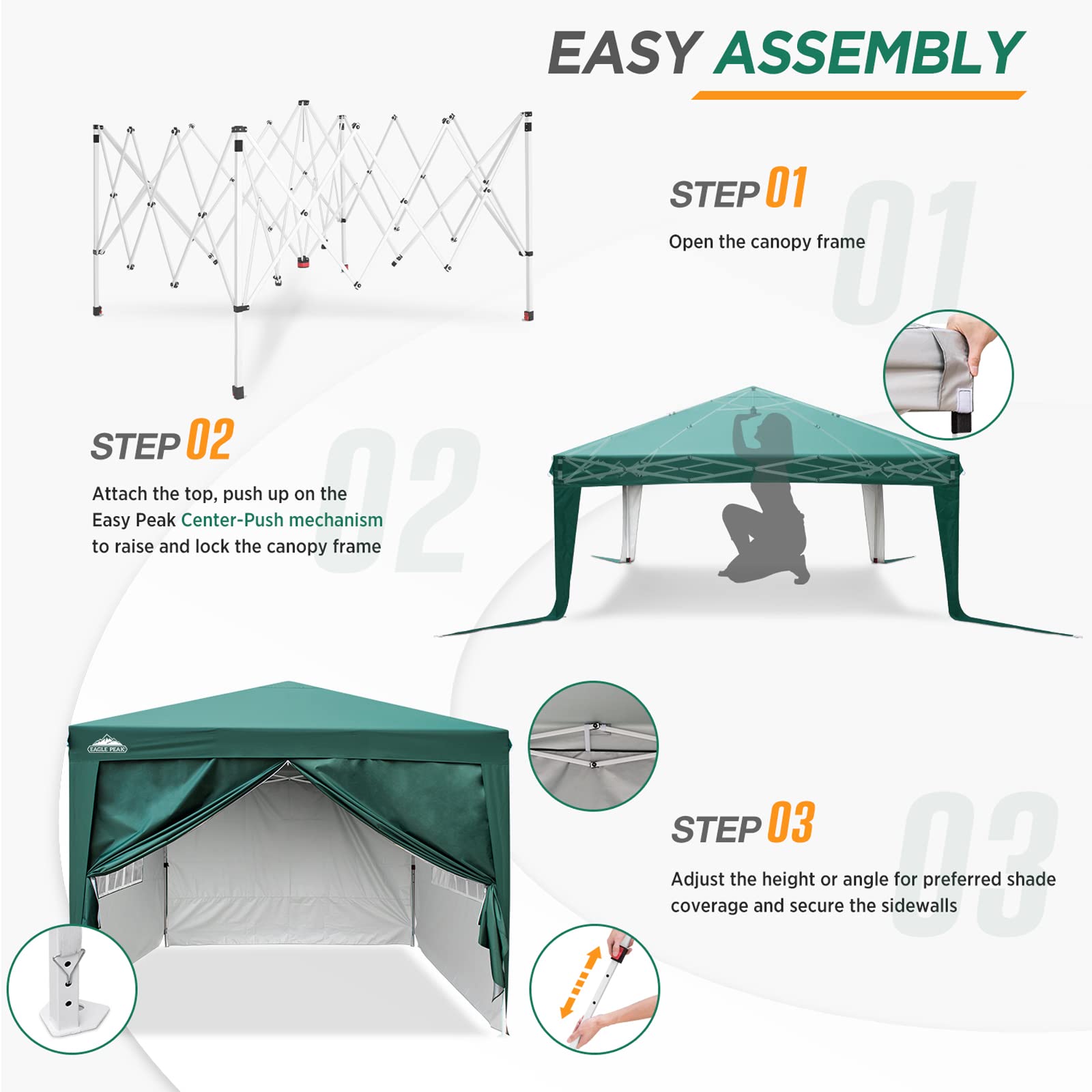 EAGLE PEAK 10x10 Pop Up Canopy Tent with 4 Side Walls, Easy Set up Shelter with 100 Square Feet of Shade, Green