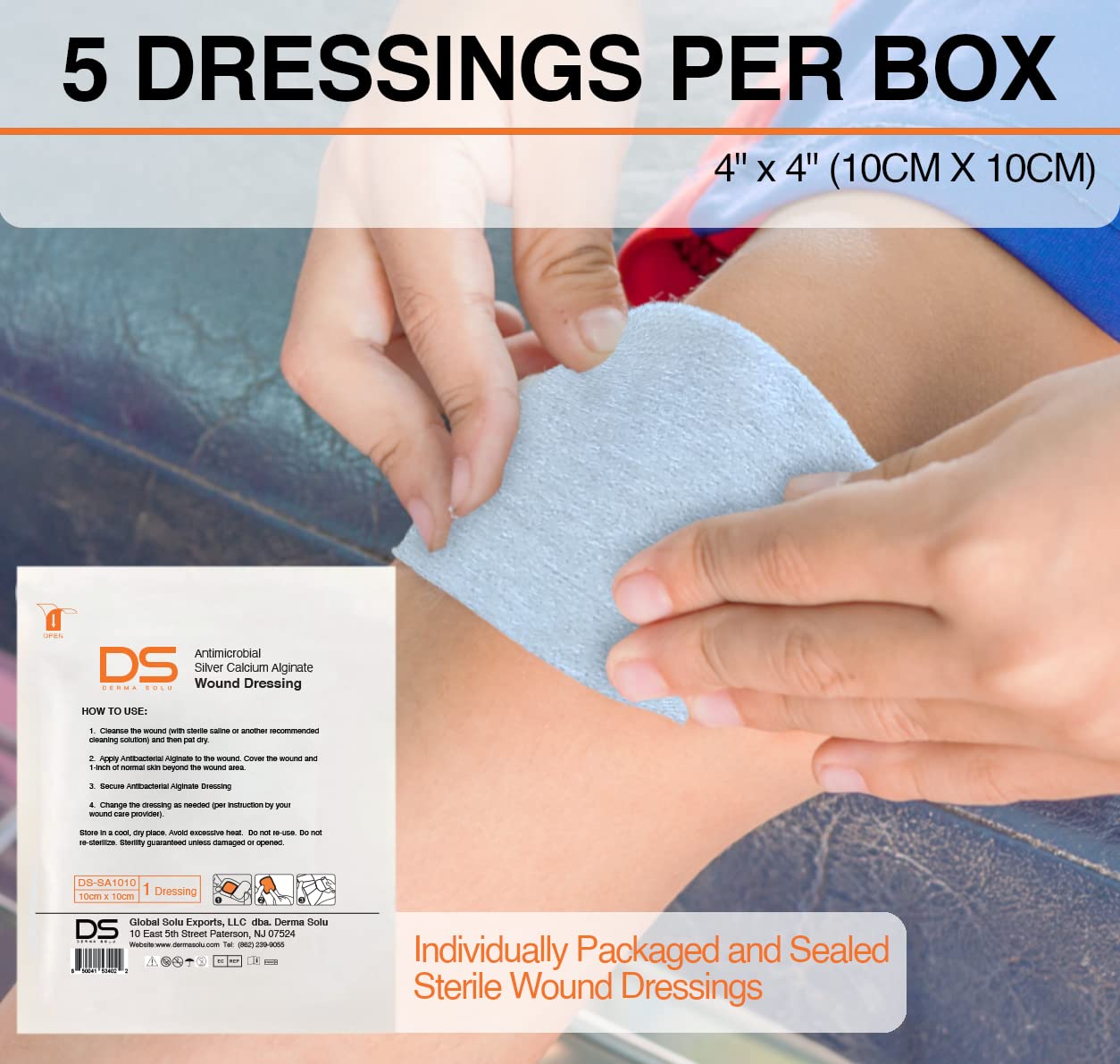 DERMA SOLU 4” x 4” Silver Calcium Alginate Wound Dressing Alginate w/Silver Sterile (4" x 4" (5 Dressings))