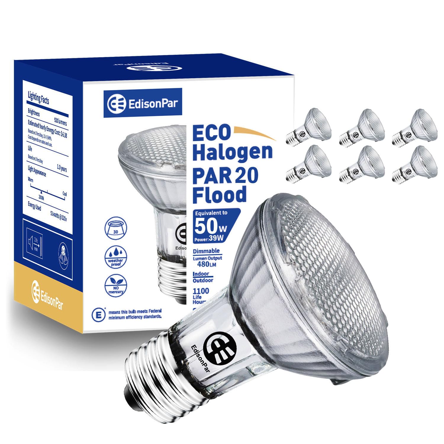 EdisonPar PAR20 ECO Halogen Bulb 6 Pack 50W Equivalent, 25° Flood Light Dimmable E26 Base, 2900K Warm White 480lm CRI100 120V Indoor Outdoor