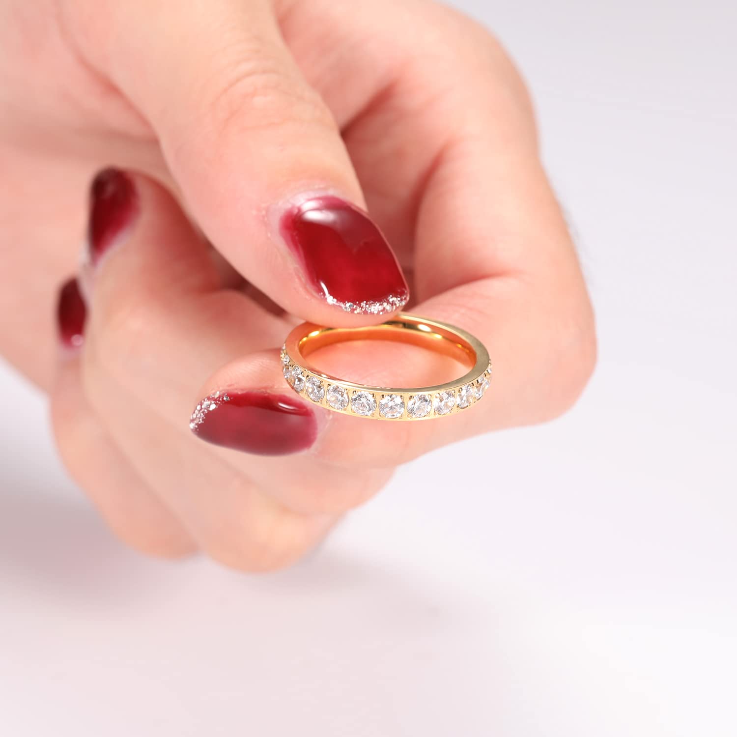 FUNLMO 3mm Women Titanium Eternity Ring Cubic Zirconia Engagement Anniversary Ring Wedding Band Size 5 to 10(Gold, 9)