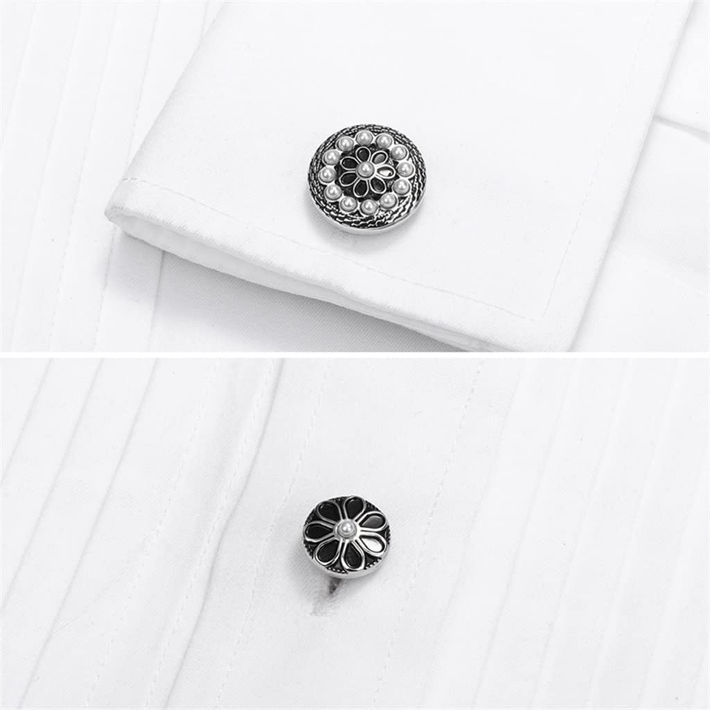 Flower Cufflink and Studs for Men Round Black Enamel&Pearl Cuff Links Set Tuxedo Shirt Studs with (Color : A, Size : Same Size) (A Same Size)