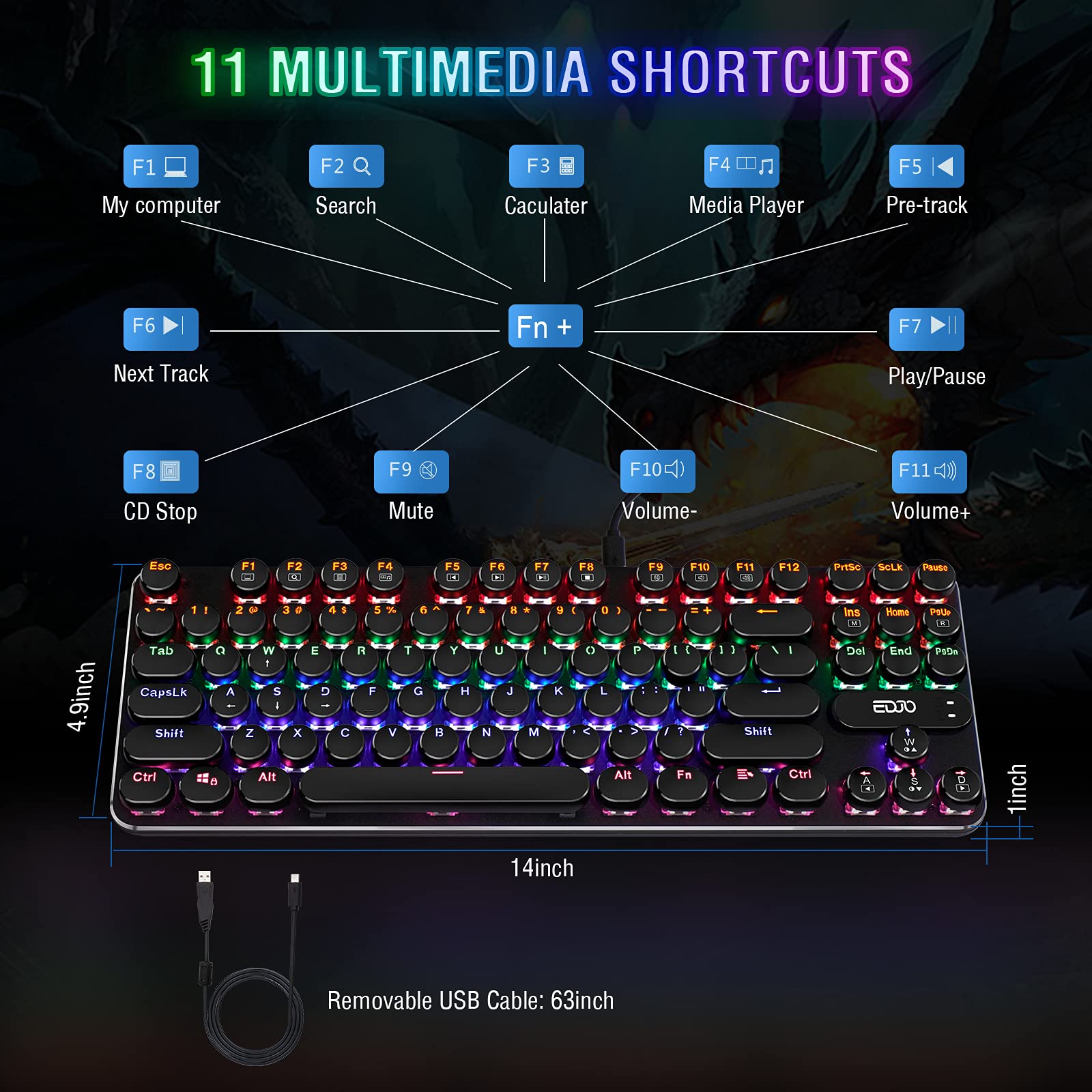 EDJO Mechanical Gaming Keyboard, 87 Keys Red Switches with LED Rainbow Backlit Wired Computer Gaming Keyboard for Windows PC Gamers