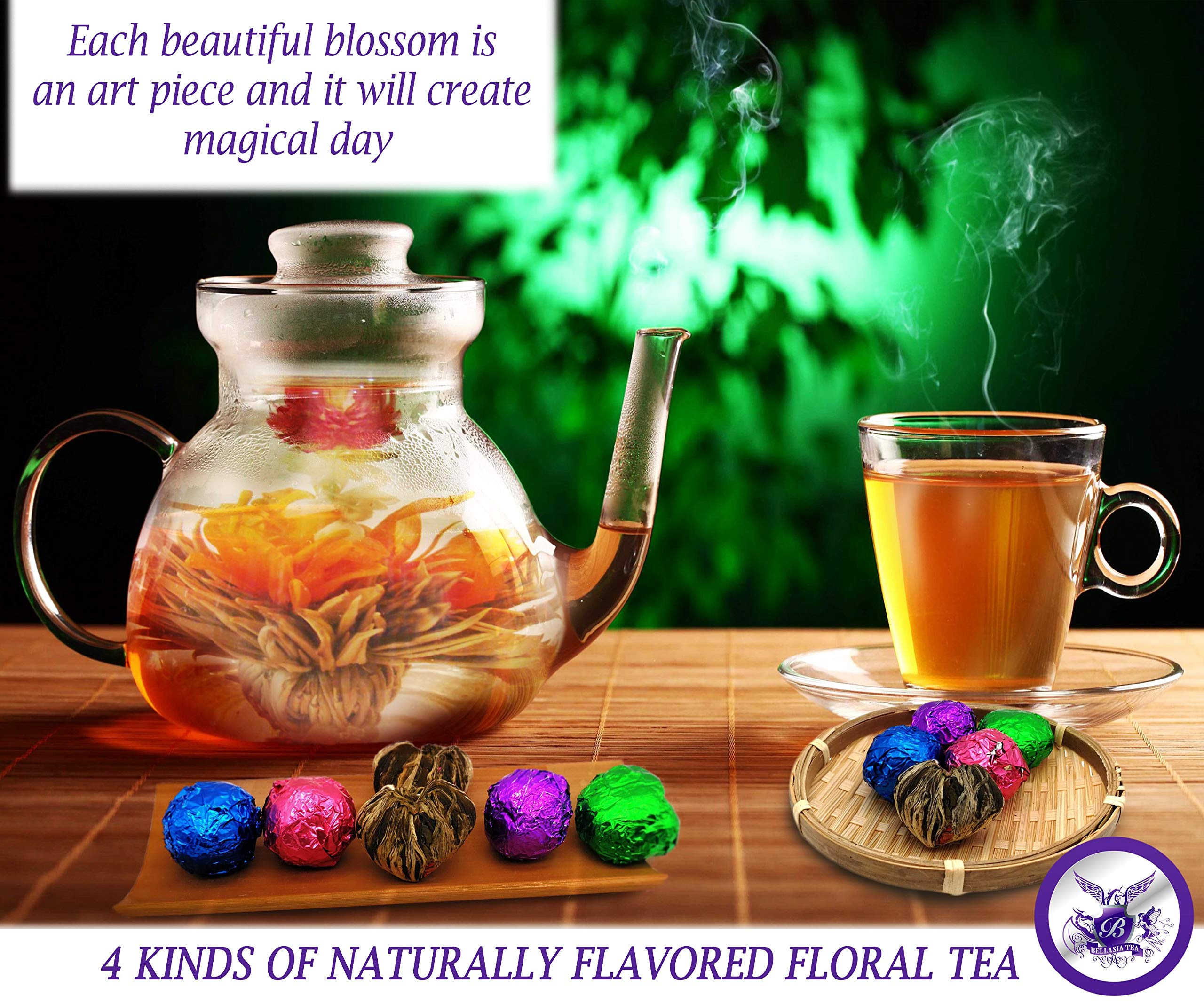 Fairy Garden Blooming Tea Flowers - Variety Pack Includes 4 Different Flavors - 12 Flowering Tea Balls In Total-Naturally Flavored Flowering Tea - Blooming Tea Fruit Wrapped to Preserve Freshness