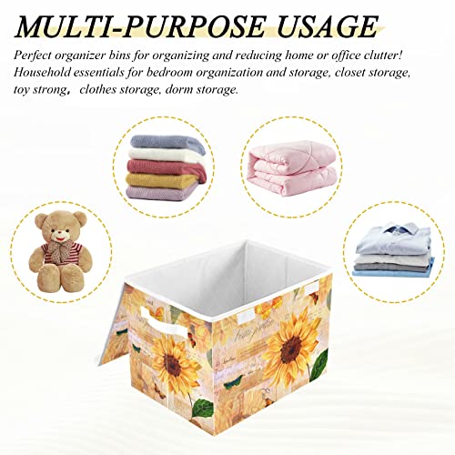 innewgogo Sunflowers Butterflies Storage Bins with Lids for Organizing Foldable Storage Box With Lid with Handles Oxford Cloth Storage Cube Box for Study Room