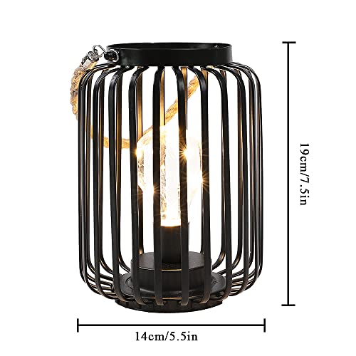 JHY DESIGN 7.5" High Metal Cage Decorative Lamp Battery Powered Cordless Warm White Light with LED Edison Style Bulb Great for Weddings Parties Patio Events Indoors Outdoors with Hemp Rope Handle