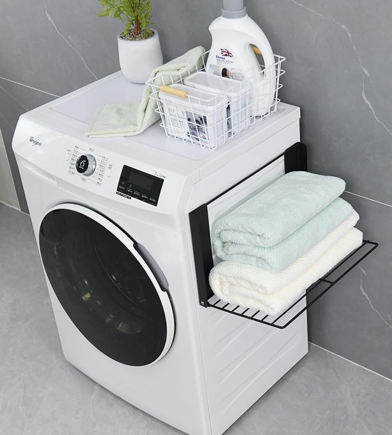 Hcmaesun Magnetic Folding Shelf for Clothes and Towels, Magnet Rack Mount on Washing Machine Fridge, Durable Folding Rack for Laundry Room Bathroom Kitchen, Black