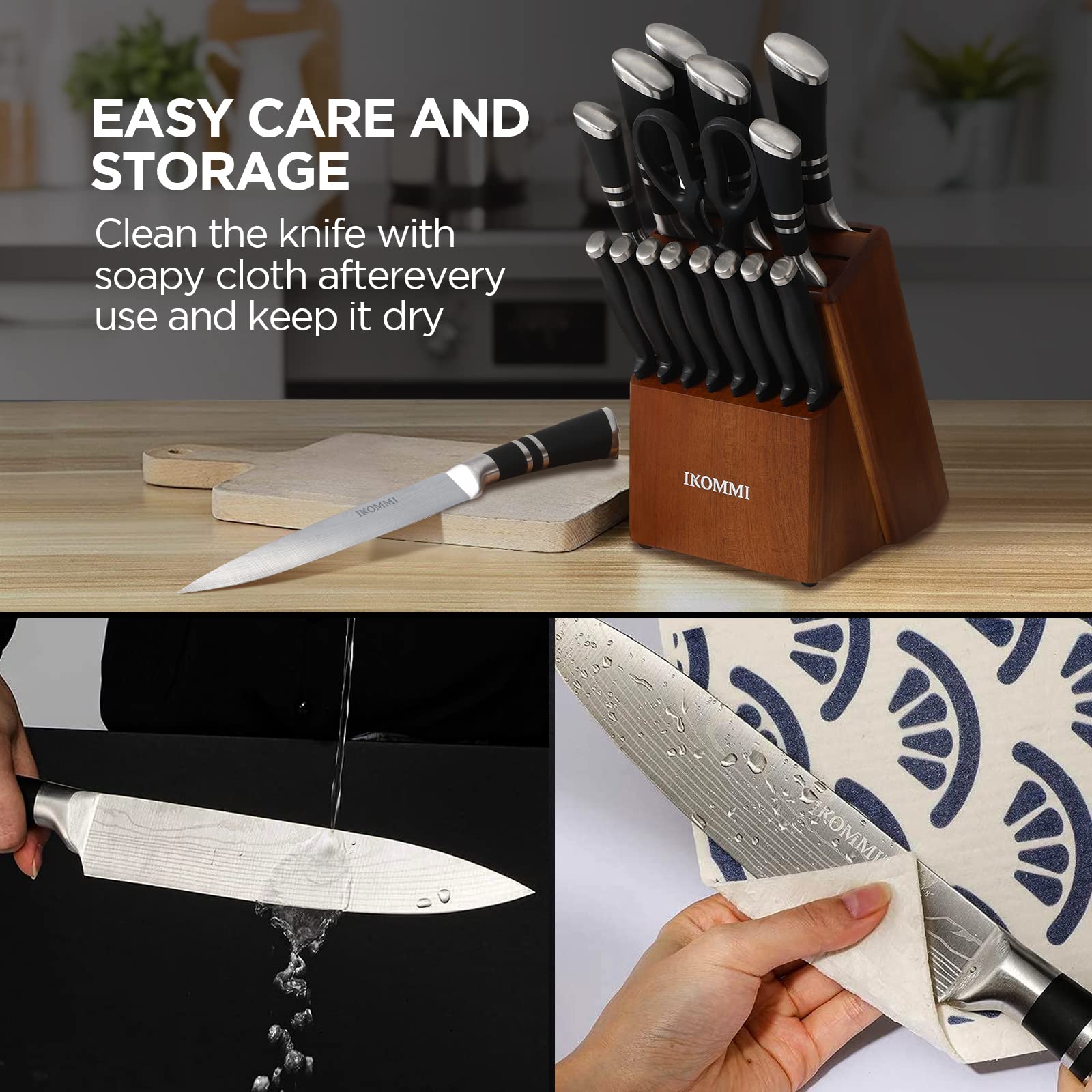 Knife Sets, IKOMMI Knife Set with Block, 23 Piece Chef Knife Set with Block for Kitchen, German High-Carbon Stainless Steel Kitchen Knife Block Set with Sharpener & 8 Steak Knives