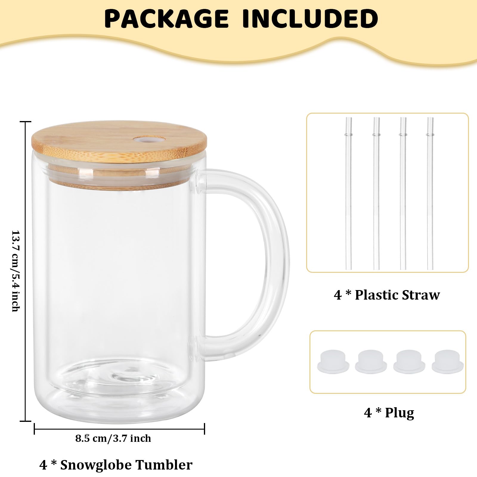 Maucircol 16 Oz Snow Globe Glass Cup With Handle, 4 Pack Pre-Drilled Double Wall Glass Coffee Mug For Snow Globe Diy Glitter, Double Wall Snow Globe Tumbler