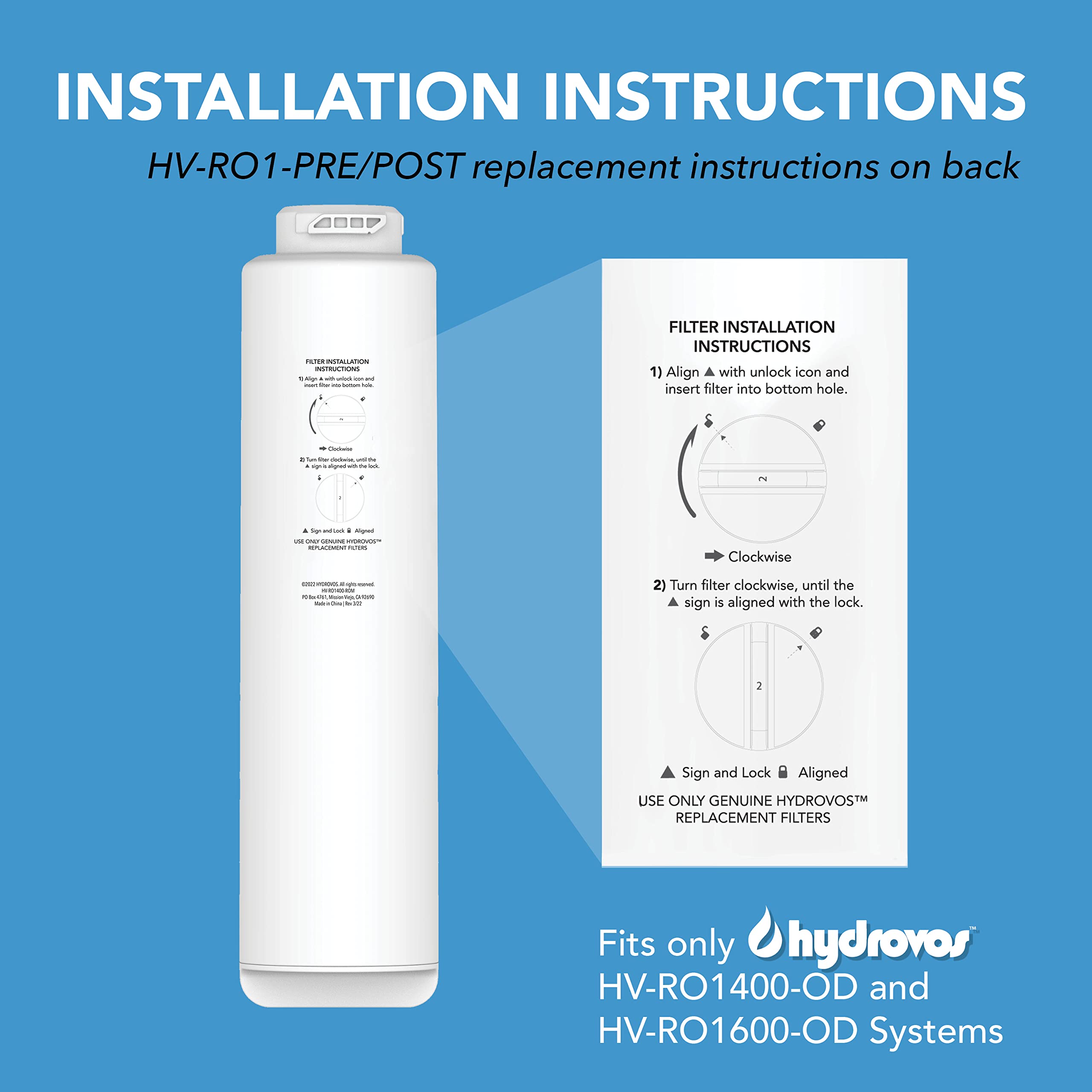 HYDROVOS HV-RO1-PRE/POST Filter, Replacement Cartridge #1 for HV-RO1400-OD and HV-RO1600-OD Tankless Reverse Osmosis System, Easy DIY Filter Changes
