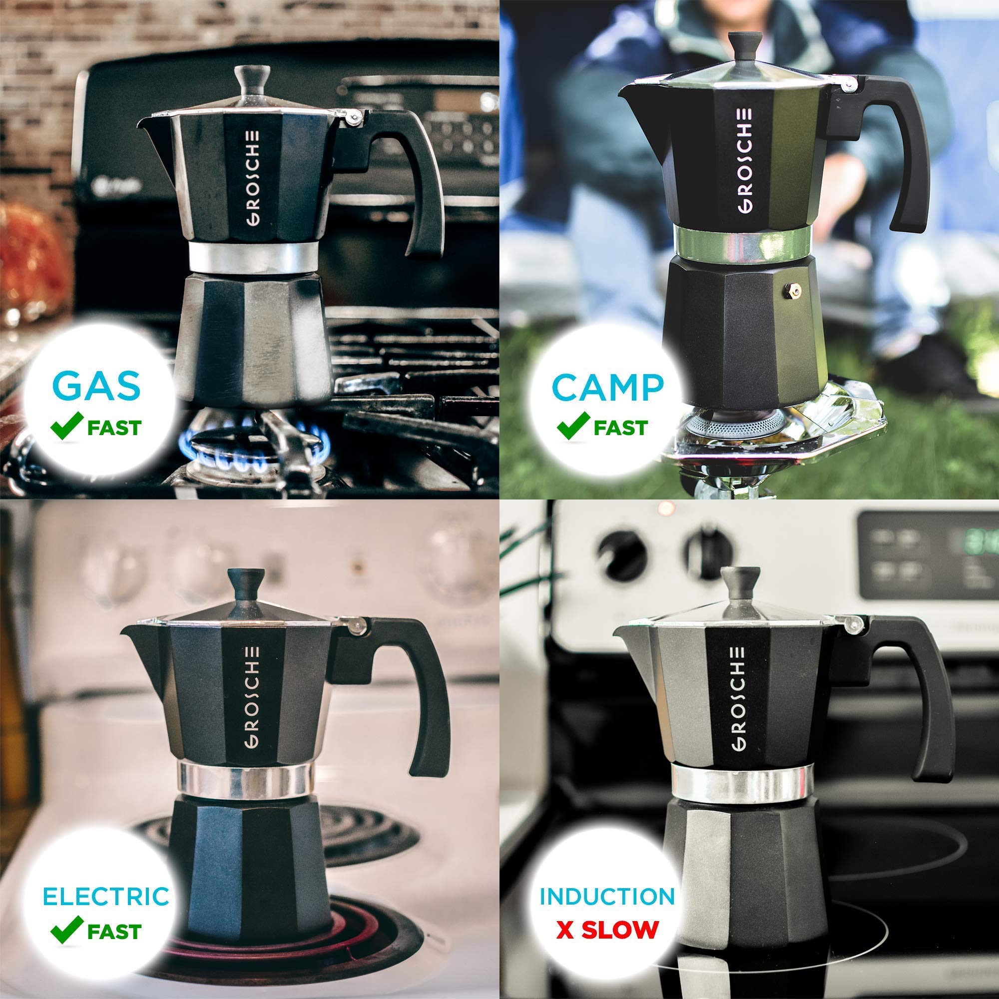 GROSCHE Milano Stove top espresso maker (9 espresso cup size 15.2 oz) Black, and battery operated milk frother bundle for lattes