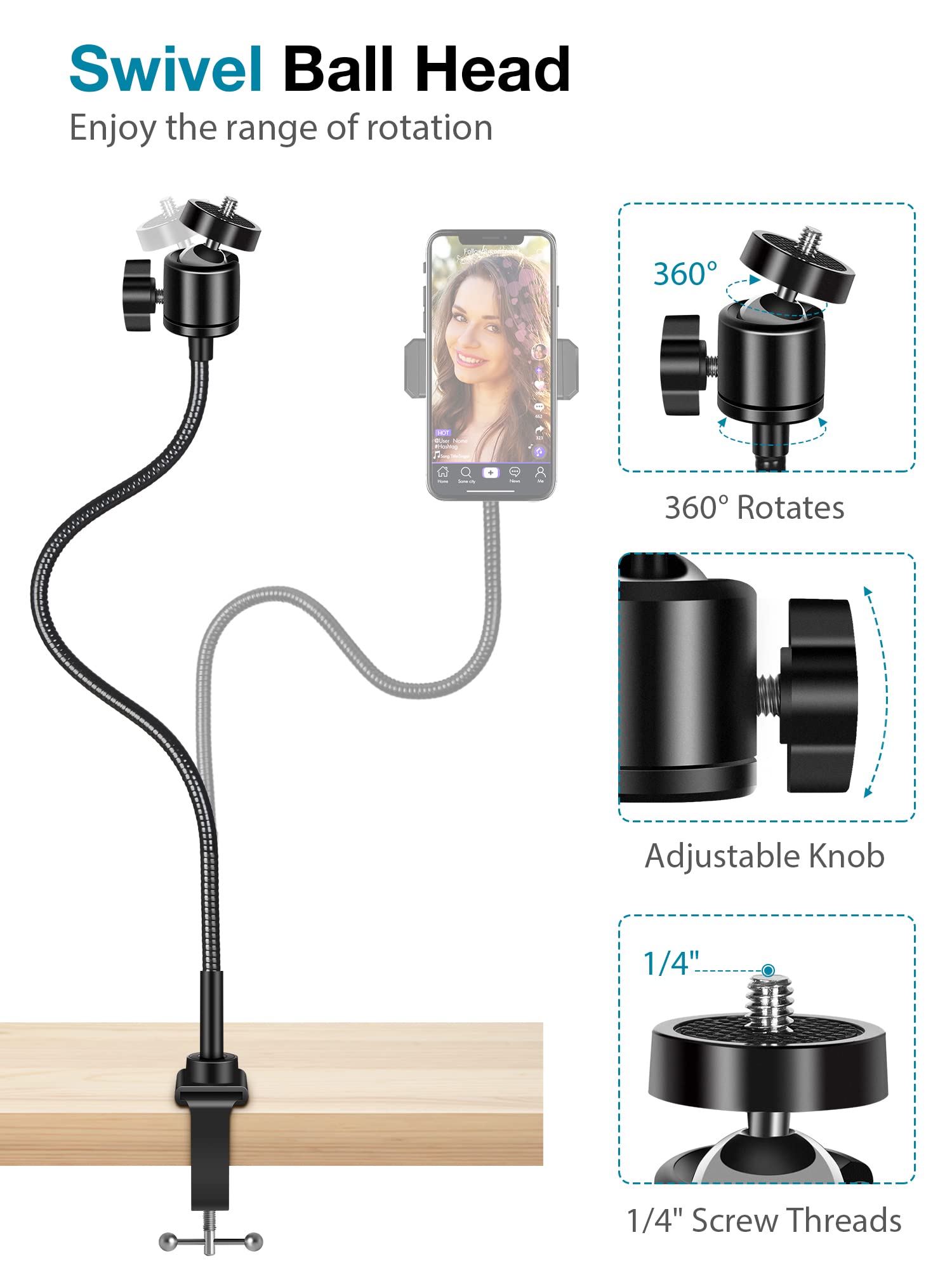 InnoGear 25 Inch Webcam Stand, Flexible Cell Phone Stand Desk Mount Camera Stand Gooseneck for Logitech Webcam BRIO 4K C960 C920 C920S C922 C922x C925e C930 C930e C615 NexiGo N60