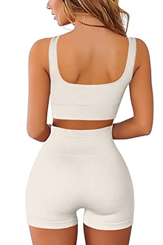 QINSEN Womens Yoga Short Leggings 2 Piece Outfits Running Crop Top Seamless High Waist Booty Shorts Beige M