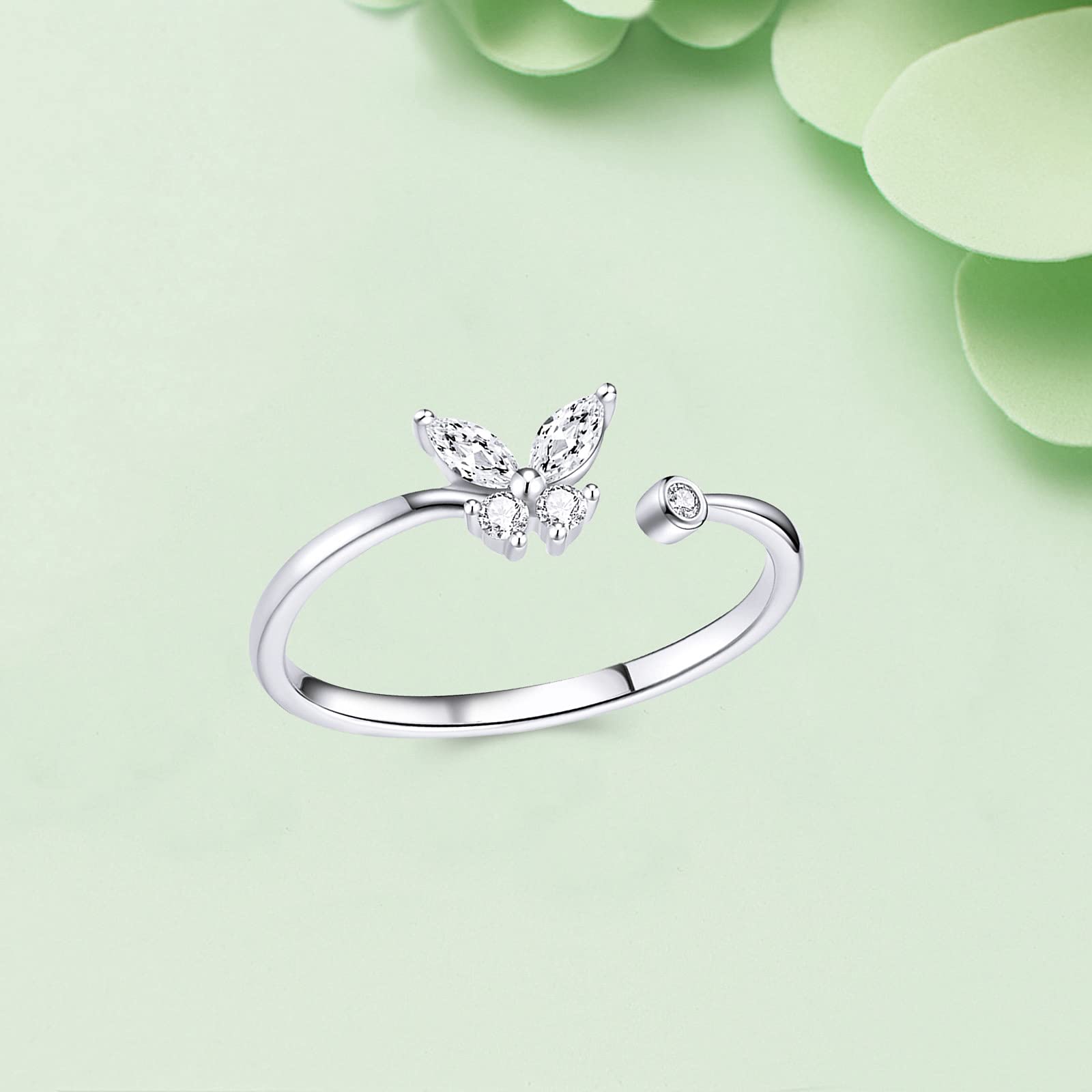DIYA Diamond Adjustable Butterfly Ring Sterling Silver 1 Carat Moissanite Diamond Ring Open Ladies Dainty Stackable Ring Wedding Bands Anniversary Engagement Rings for Women (White gold plated)