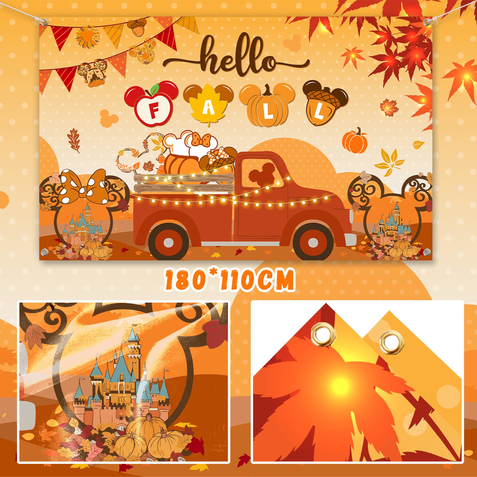 Hello Fall Backdrop Decoration,Fall Theme Supplies Mouse Pumpkin Photography Background Banner Maple Leaf Photo Props for Thanksgiving Party Decoration