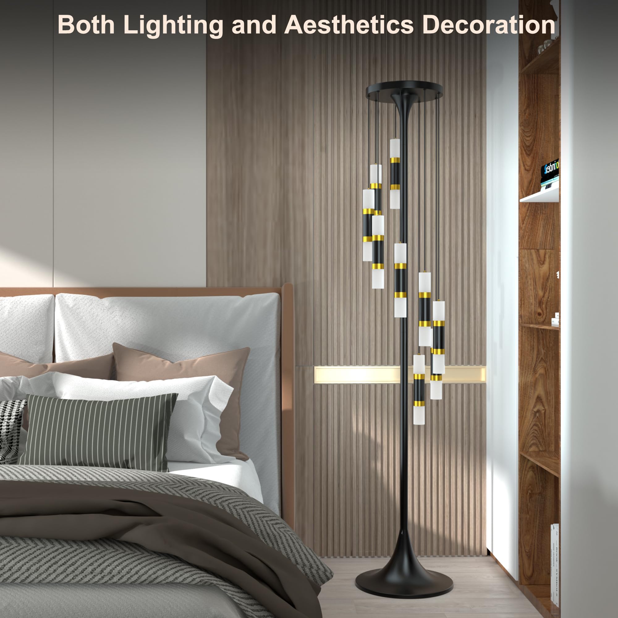E.P. Light Modern Multiple Heads Black Floor Lamp for Bedroom, 71 inch Tall Dimmable Standing LED Floor Lamp for Living Room, Unique Reading Floor Lamp with Remote for Office