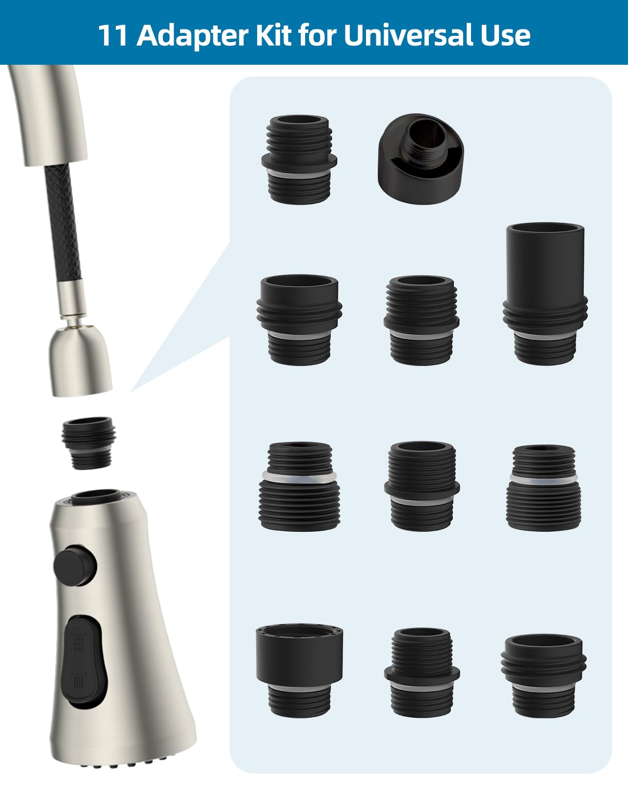 Hygie Rinse Pull Down Faucet Head Replacement with 11 Adapters Compatible with Moen Delta Faucet Head, 3 Function Kitchen Sink Faucet Sprayer Head Fit Most Faucet, Brushed Nickel