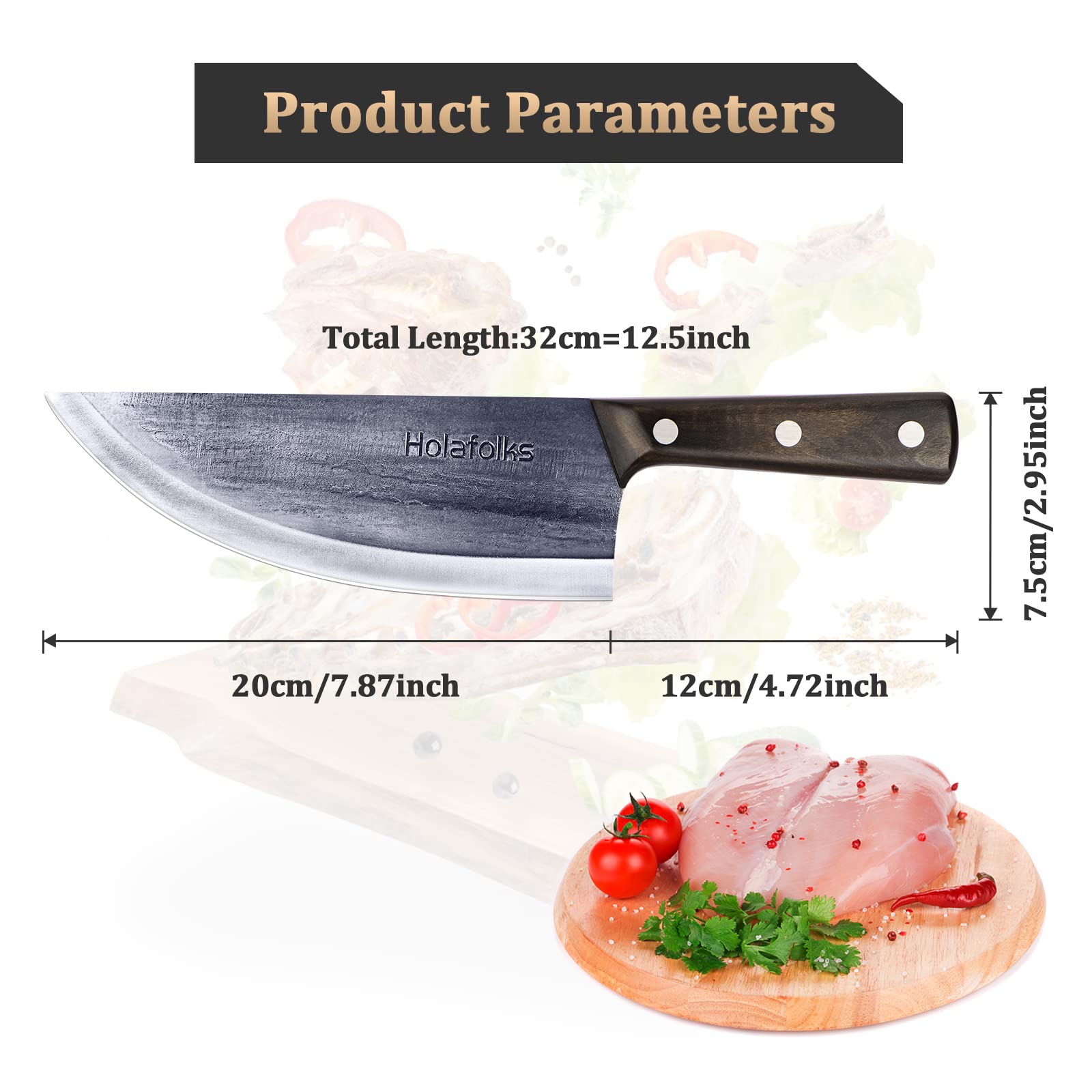 HolaFolks Chef Knife, Anti-Rust Oil Coating Dividing Knife Boning Knife Hand Forged High Carbon Steel Butcher Knife For BBQ Home Kitchen Restaurant Cooking Camping