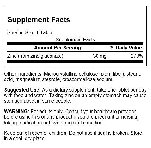Swanson Zinc Gluconate - Mineral Supplement Promoting Prostate Health, Vision Health, & Immune Support -Gluconate Form for Optimal Absorption - (250 Tablets, 30mg Each)