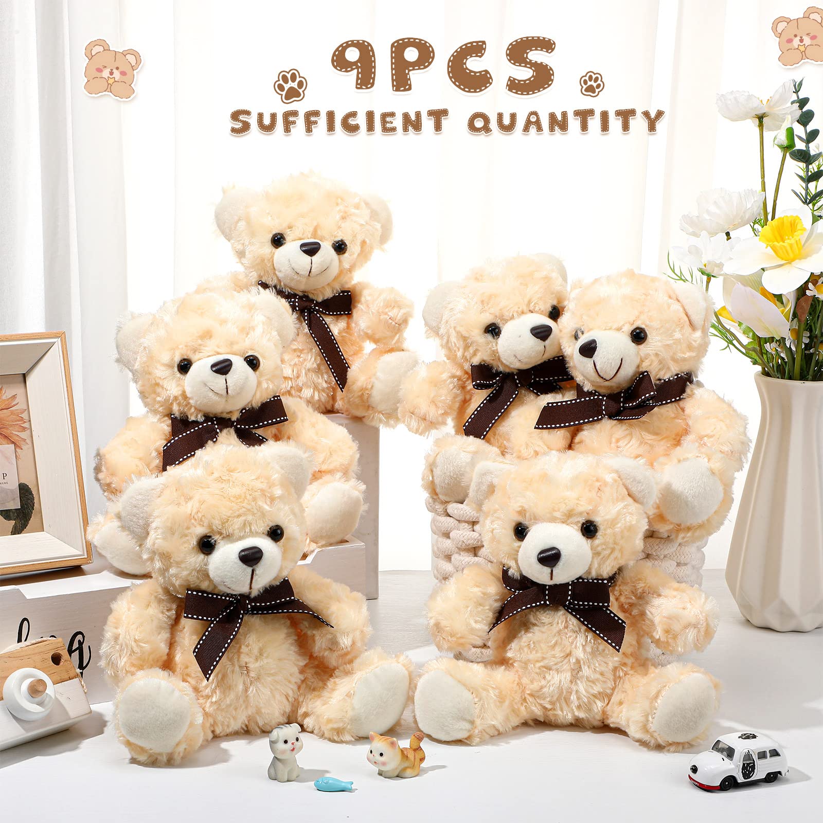HyDren 9 Pcs Bear Stuffed Animals Bulk 8" Plush Bears Doll Soft Bear Toy with Ribbon Bow Wedding Birthday Easter Mother's Day Grad(Multicolor)