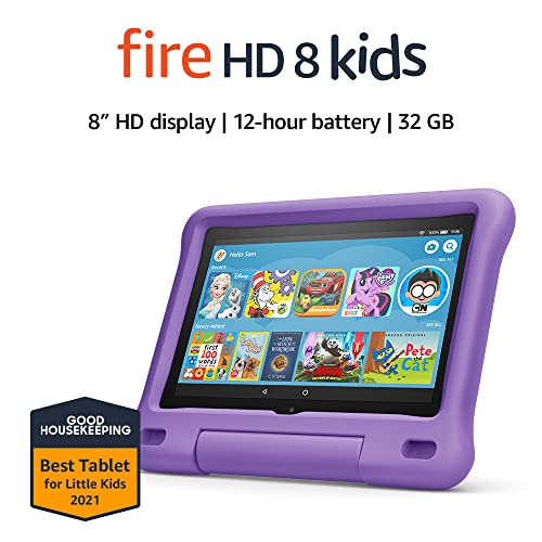 Fire HD 8 Kids tablet, 8" HD display, ages 3-7, 32 GB, includes a 1-year subscription to Amazon Kids+ content, Purple Kid-Proof Case, (2020 release)
