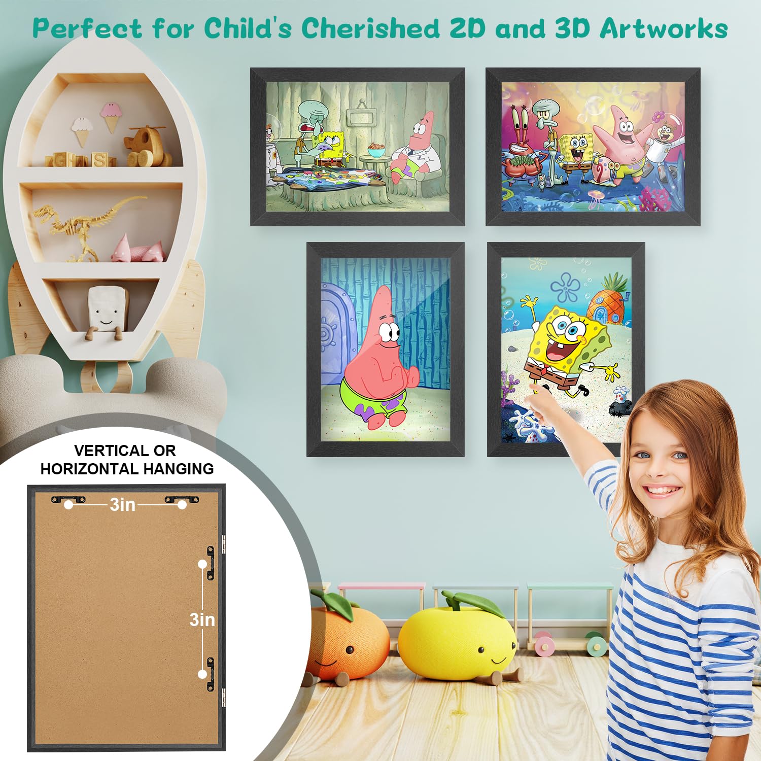 EAOAK Kids Art Frames Changeable, [4-Pack] 11.8x8.3 IN (A4 Paper) Front-Opening Kids Artwork Frames, Holds up to 150Pcs Kids Art Projects - Great for Home, Office, Drawing Storage [Black]