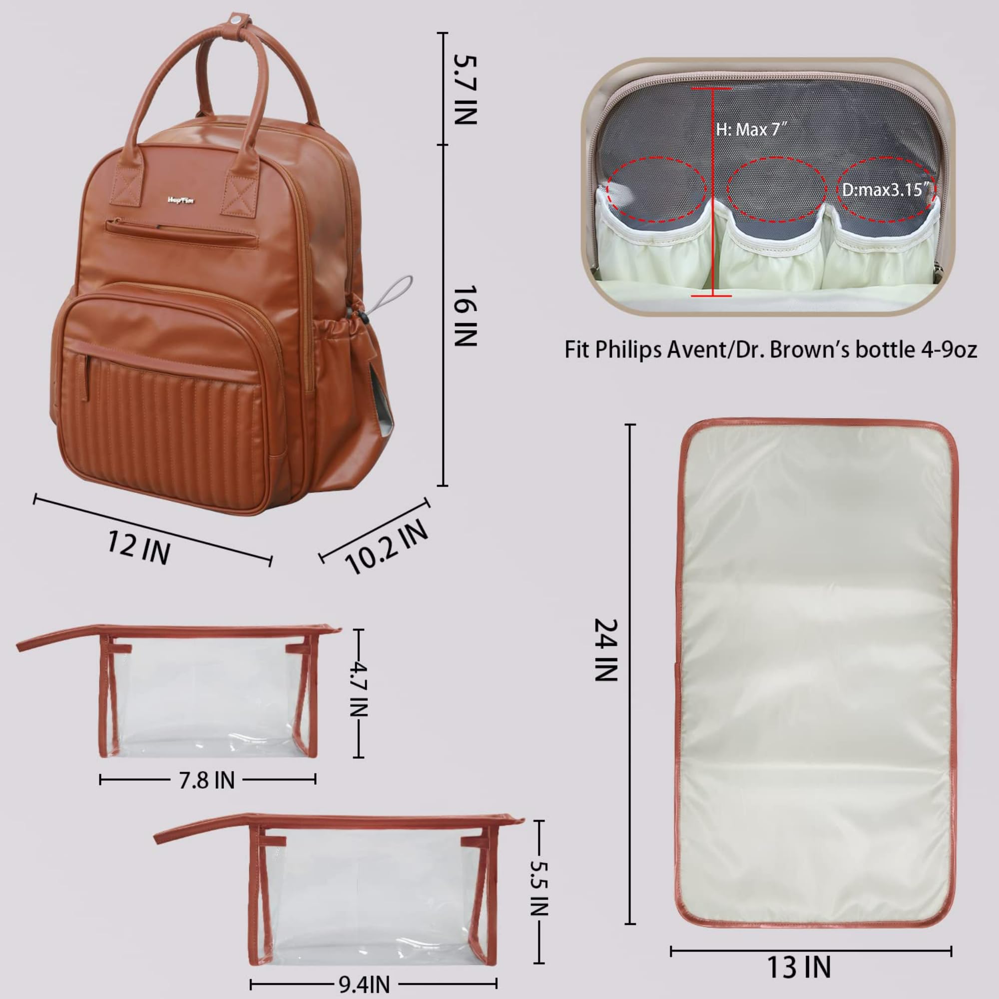 Hap Tim Diaper Bag Backpack, Leather Baby Bag with Changing Pad,19 Pockets, 2 Clear Makeup Bags, 2 Stroller Clips, Baby Registry Search, Brown(K2252-BR)