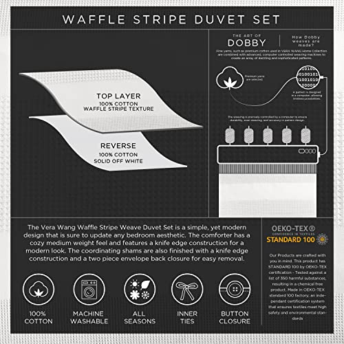 Vera Wang - King Duvet Cover Set, Luxury Cotton Bedding with Matching Shams, All Season Home Decor (Waffle Stripe White, King)