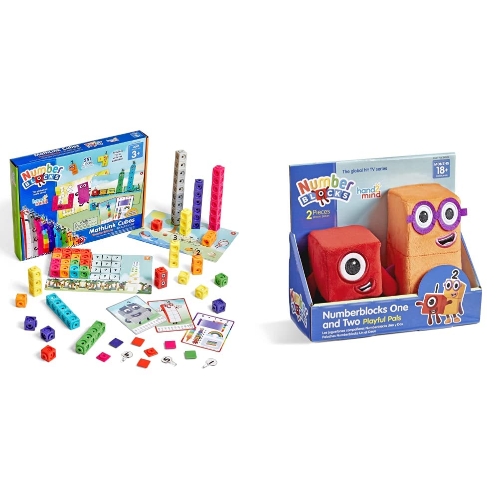 hand2mind MathLink Cubes Numberblocks 1-10 Activity Set, 30 Activities Linked to TV Episodes, Math Cubes, Counting Toys, Base Ten Blocks & Numberblocks One and Two Playful Pals, Numberblocks Plush