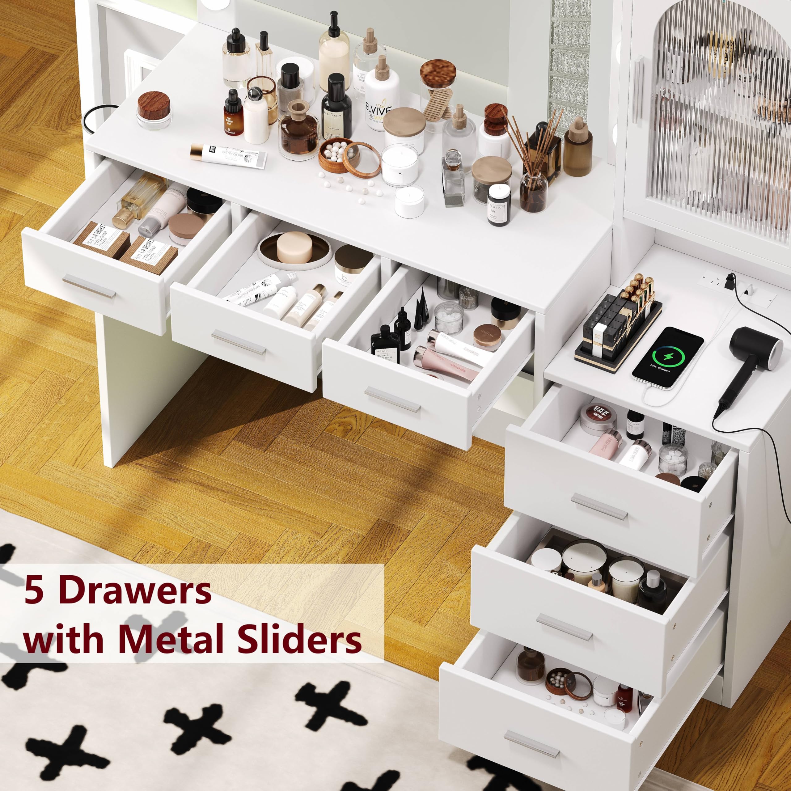Rovaurx 50.6" Vanity Desk with Mirror and Lights, Large Makeup Vanity Table with 6 Drawers and Charging Station, Side Cabinet, Dressing Table for Bedroom, White RSZT115W