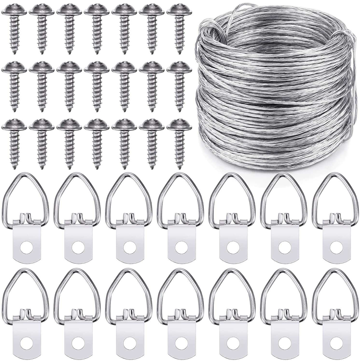 EAONE Picture Hanging Kit, Including Picture Hanging Wire (100 Feet) and 70 Pieces D-Ring Picture Hangers with 70 Silver Padded Screws