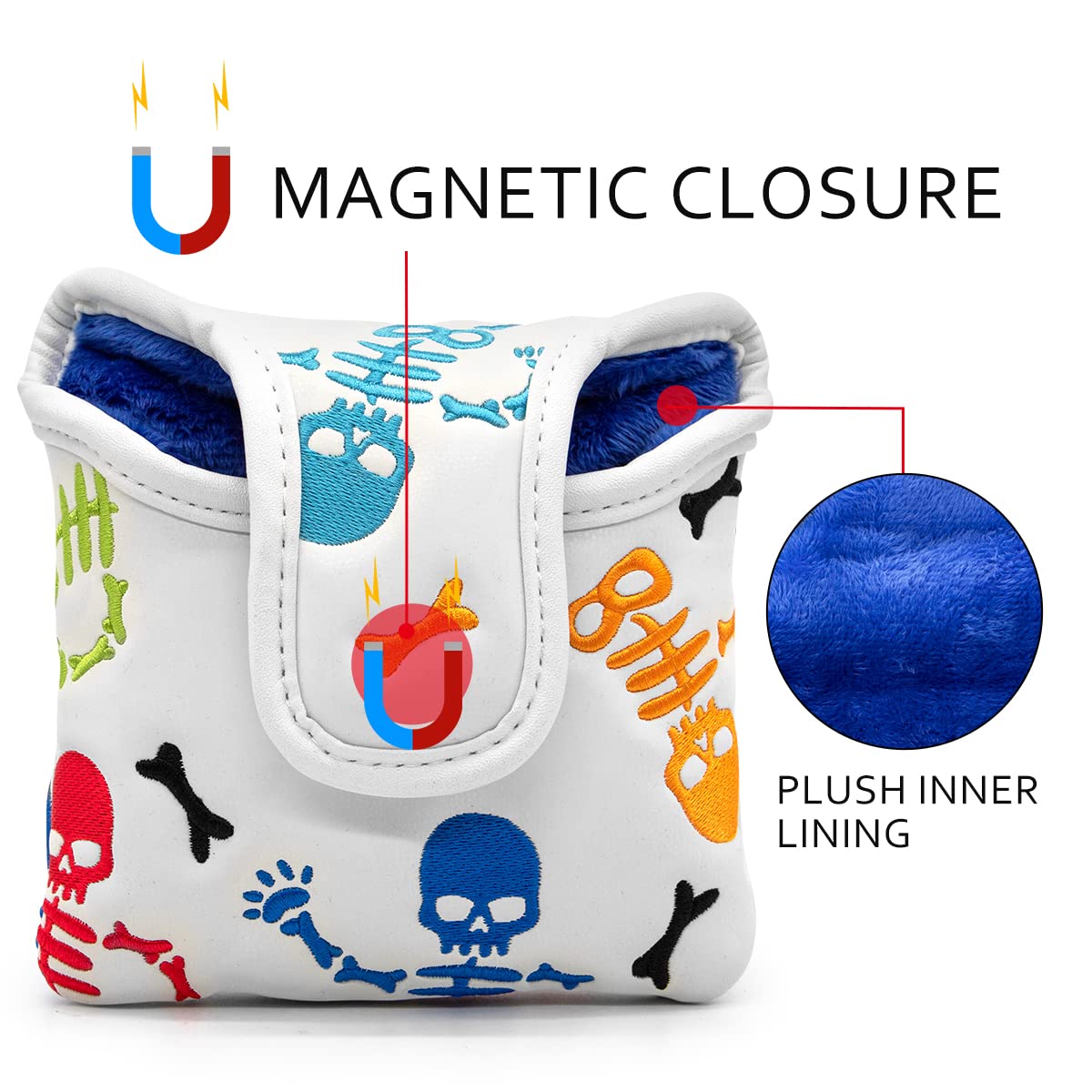 Funny Skeleton Man Golf Square Mallet Putter Cover, Mallet Headcover with Magnetic Closure - 3 Colors Options - Black/Red/White Golf Putter Head Cover (Red Base)