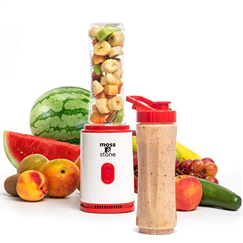 Moss & Stone Personal Blender Single Serve Shake & Smoothies Maker with Portable Travel Sport Bottle - Mini Juicer, White & Red Single Serve Blender for Smoothies and Shakes - Bottle 20 oz