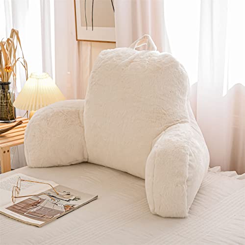 NTBED Reading Pillow Faux Fur Bed Wedge Backrest with Arms,Couch TV Relax Bed Rest Pillow Back Support Cushion for Kids Teens Boys Girls(White)
