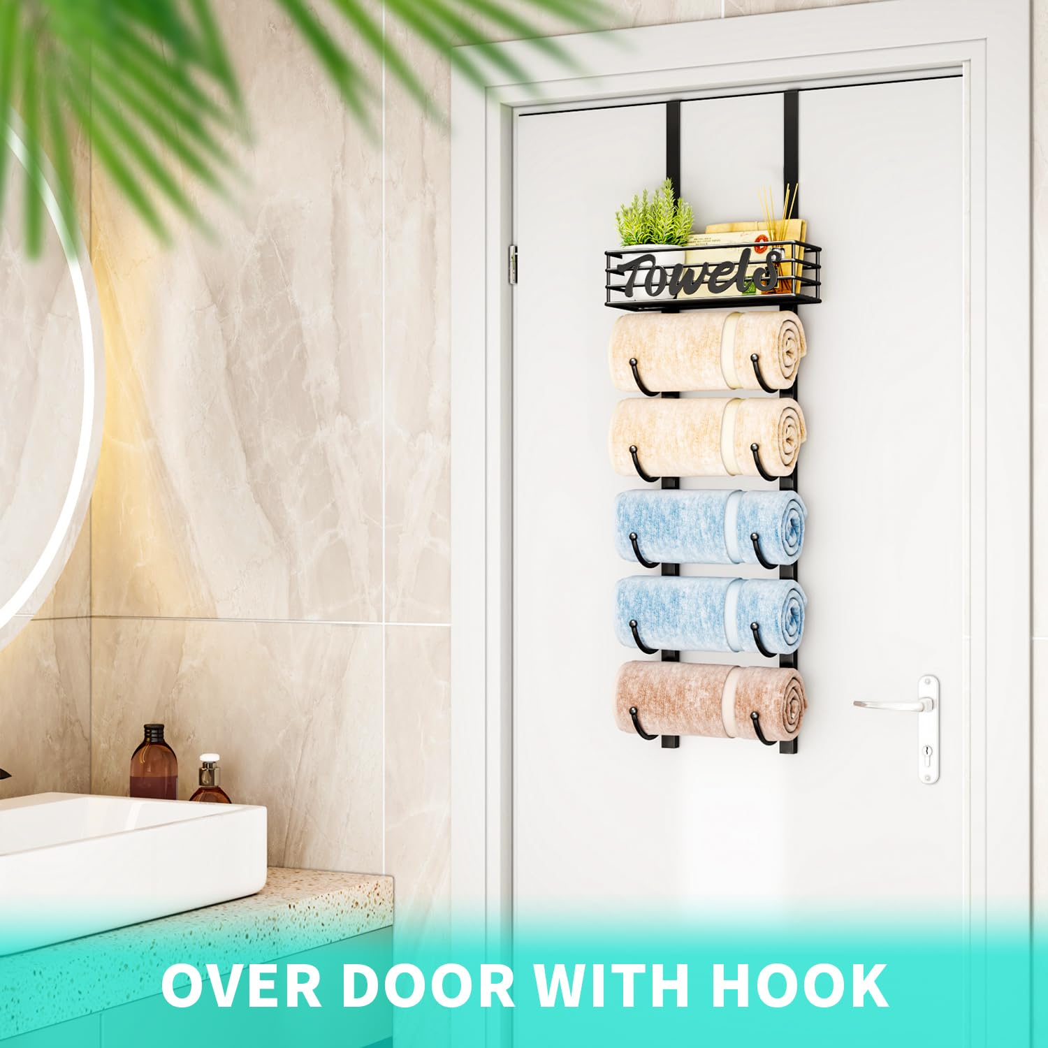 HapiRm 6-Tier Over The Door Towel Racks for Bathroom - Wall Mount Towel Holder with Metal Shelf Basket - Rolled Towel Storage Door Hanging Bath Towel Organizer for Small Bathroom, Camper, Rv - Black
