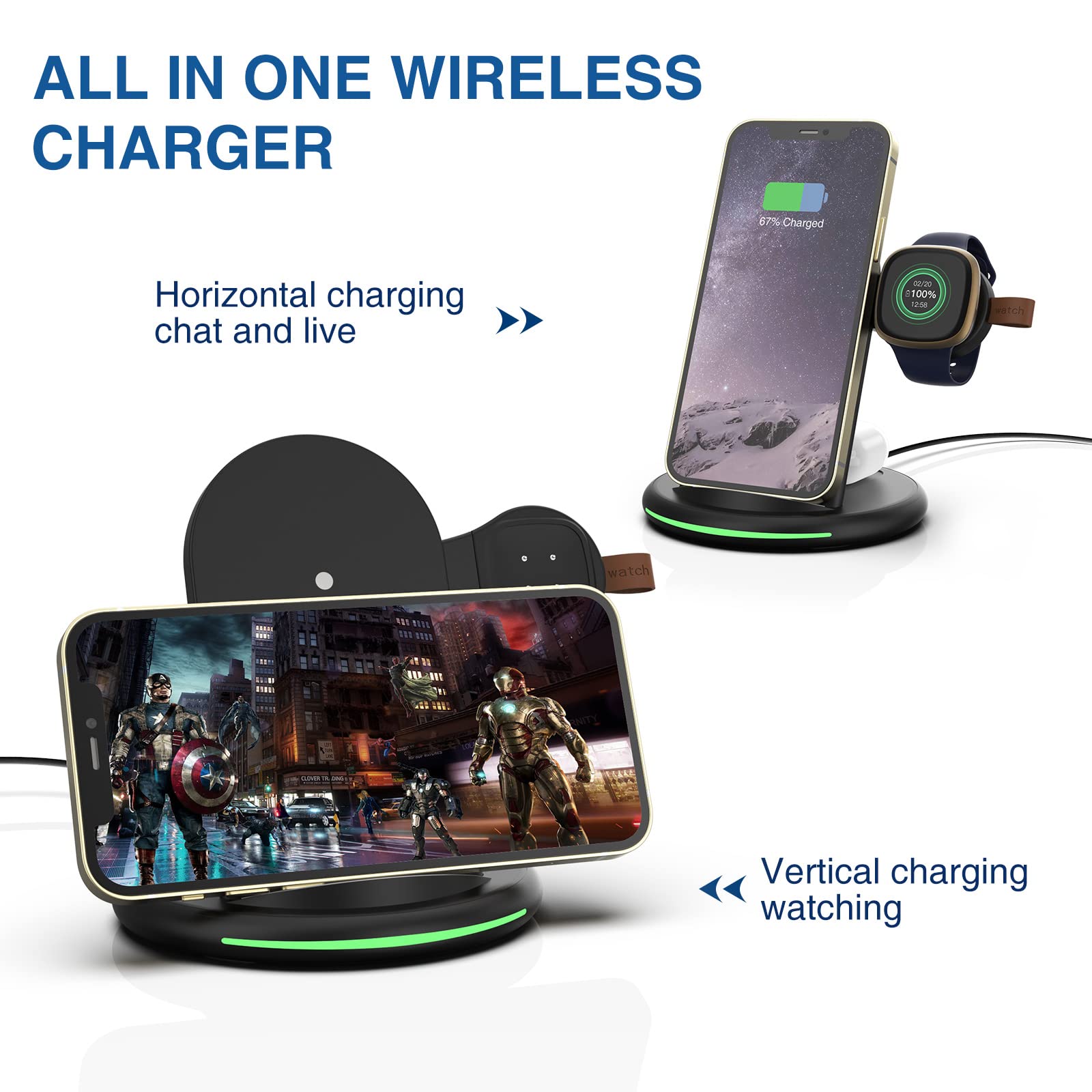KOJACMUR 3 in 1 Charger for Fitbit Sense/Sense 2/Fitbit Versa 3/Versa 4,Wireless Charging Station Compatible for iPhone 13/14 Pro Max/12/11/8, for Samsung Galaxy S22+ S22, for AirPods Pro/3(Black)