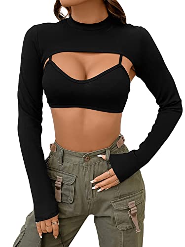 Verdusa Women's 2Pcs Mock Neck Long Sleeve Crop Top Spaghetti Straps Scoop Neck Sleeveless Cami Top Black L