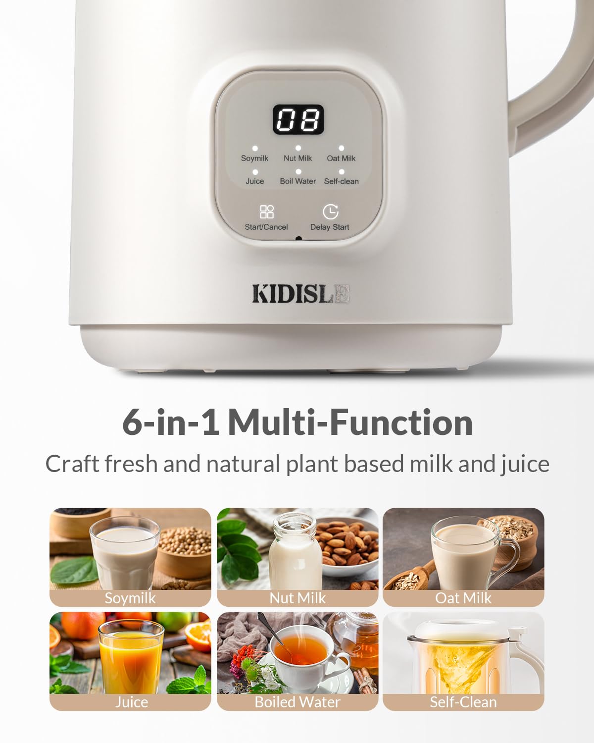 KIDISLE Automatic Nut Milk Maker, 20oz Homemade Almond, Oat, Coconut, Soy, Plant Based Milks and Non-Dairy Beverages with Delay Start/Keep Warm/Self-Cleaning/Boil Water, White