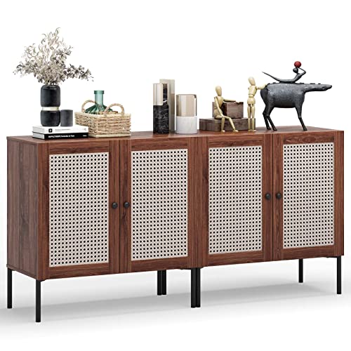 Giantex 2 Pcs Sideboard with Storage, Kitchen Buffet with 2 Rattan Doors, Liquor Cabinet, Wood Cupboard, Accent Furniture for Dining Room, Console Table for Entryway 31.5”Lx 16”Wx 31.5”H (Walnut)