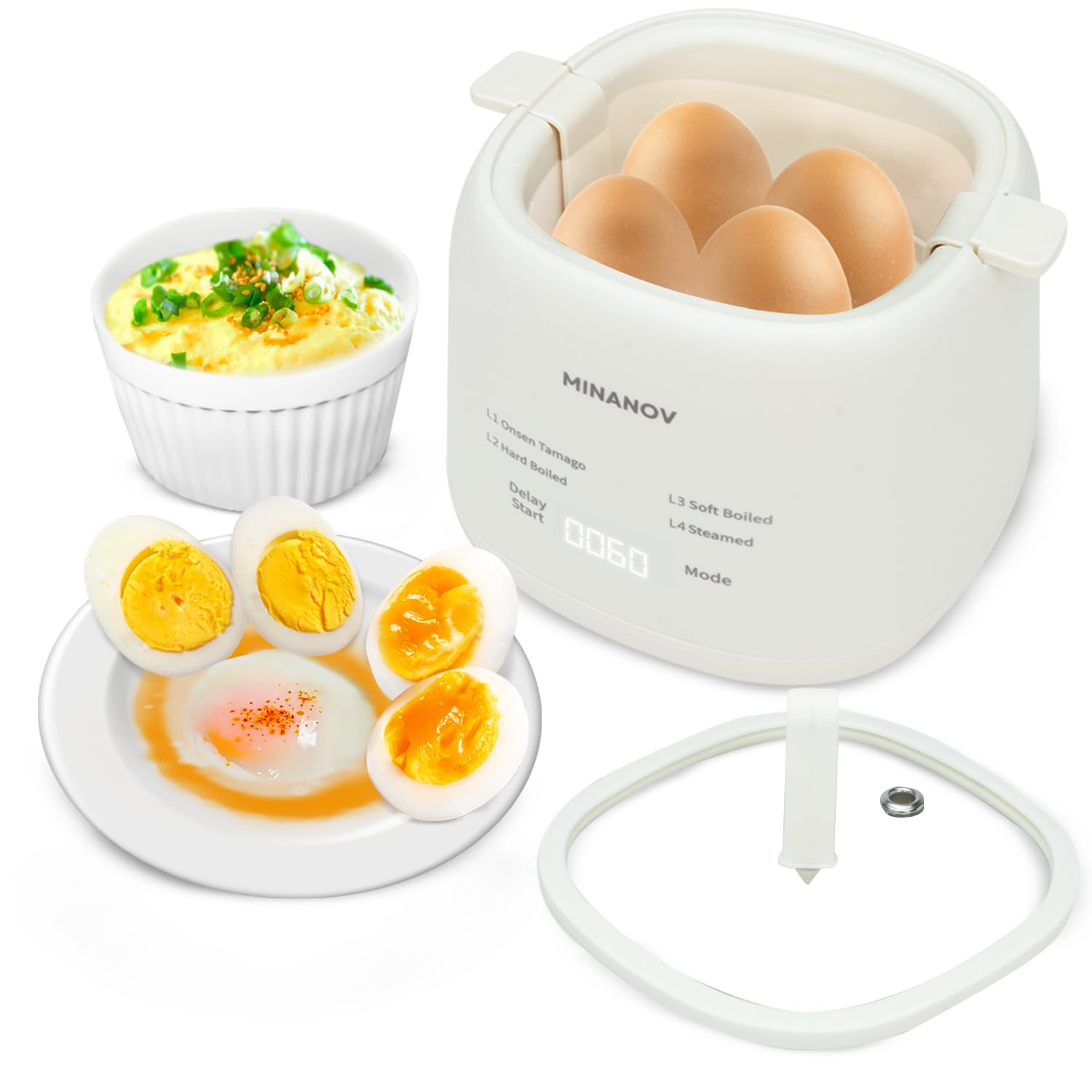 MINANOV Egg Maker - Electric Egg Cooker With Auto Shut Off And Alarm- Egg Maker Machine for Hard Boiled, Soft Boiled, Steamed Egg, Onsen Tamago - Smart Egg Cooker for Home,Kitchen, RV,Camping
