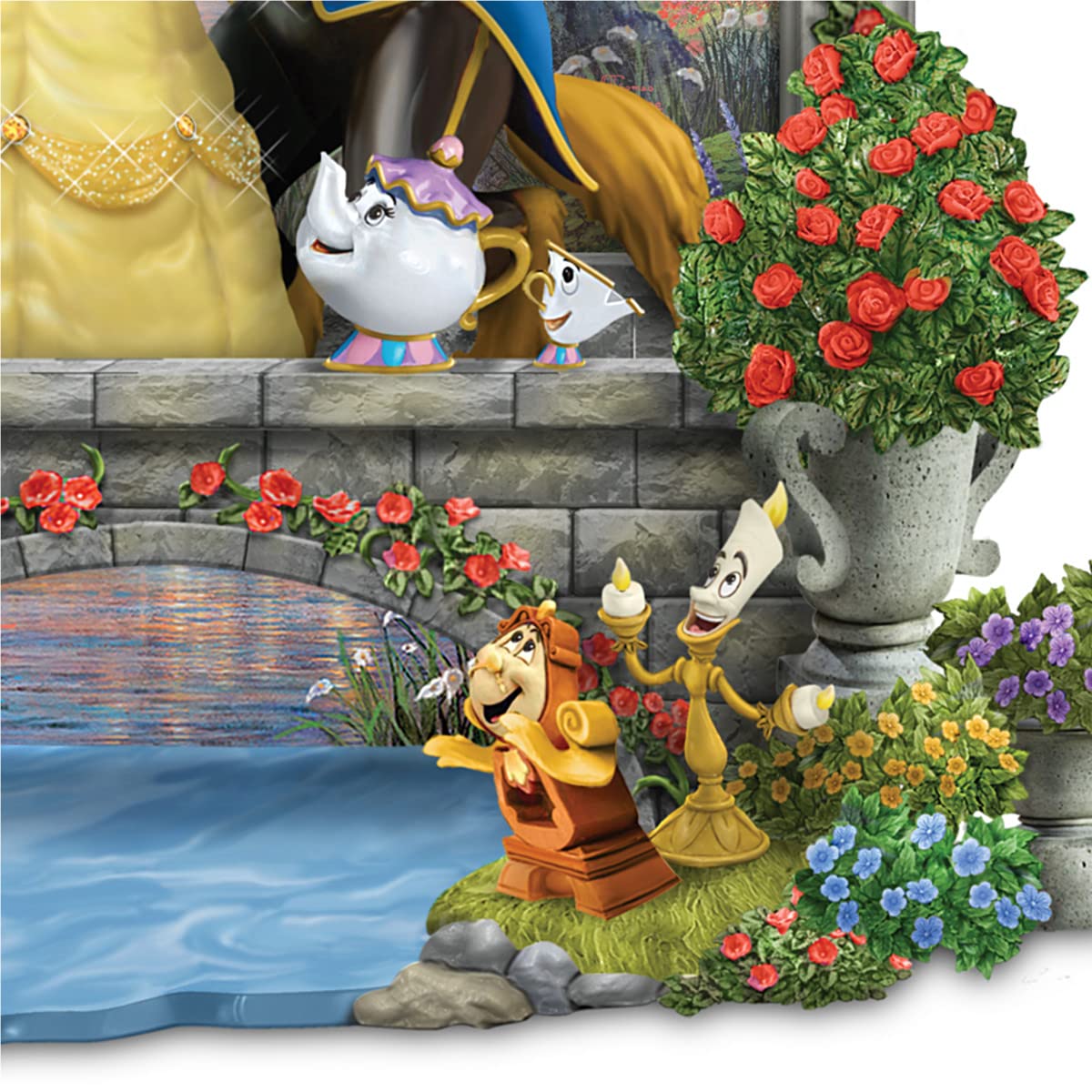 Disney A Tale of Enchantment Hand-Painted Beauty and The Beast Sculpture Adorned with Glitter Accents and Backdrop Art from Thomas Kinkade Studios