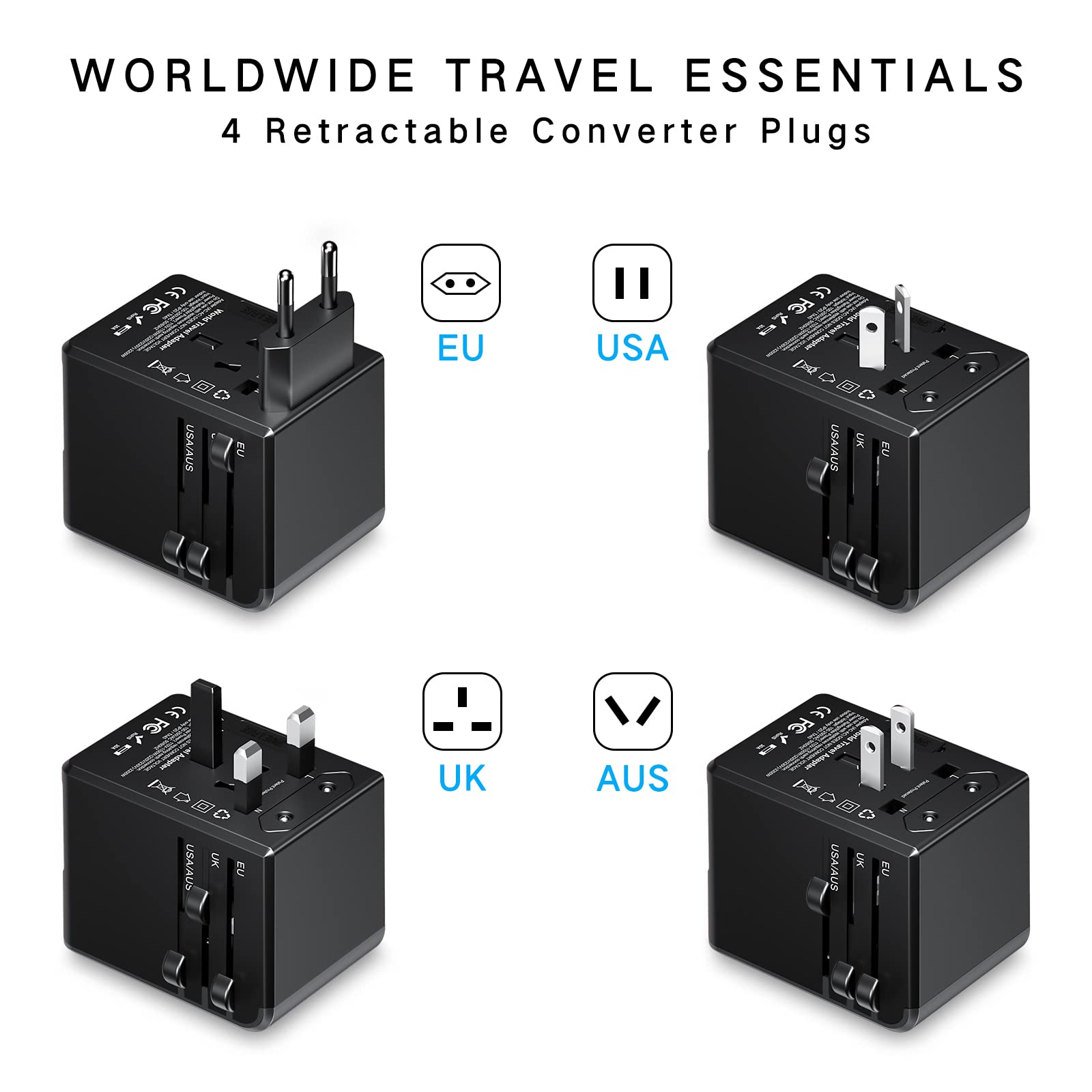 Global Travel Adapter 65W Fast Charger with 3 Type-c and 1 USB Universal Travel Plug adapters with 1M Lightning Cable for Over 200 Countries Including UK Japan China EU (Black)