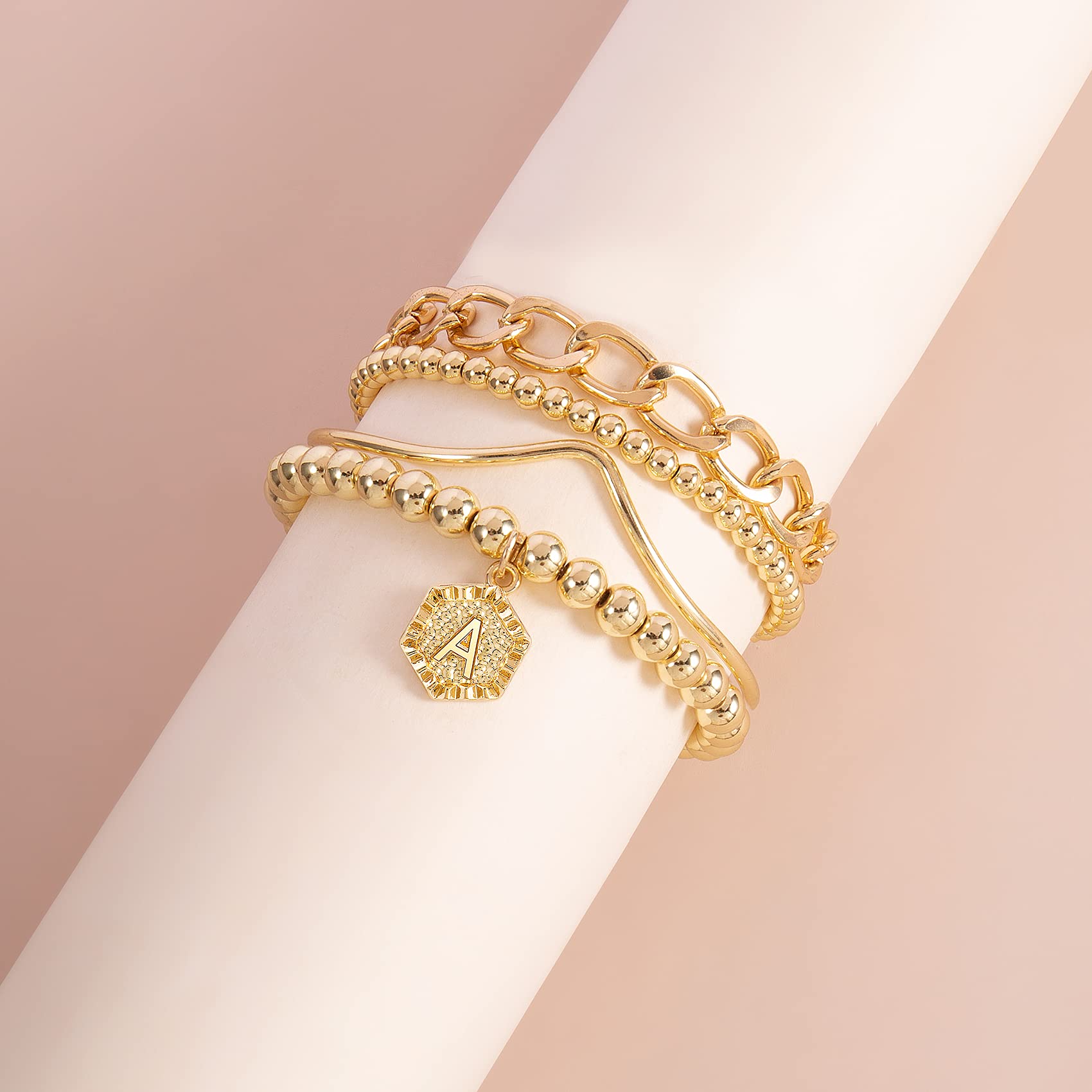 Elegance 11 designs Gold Bracelets For Women Trendy Stackable Bead Bracelet Initial Stretch Bangle For Women Gift With Initial J