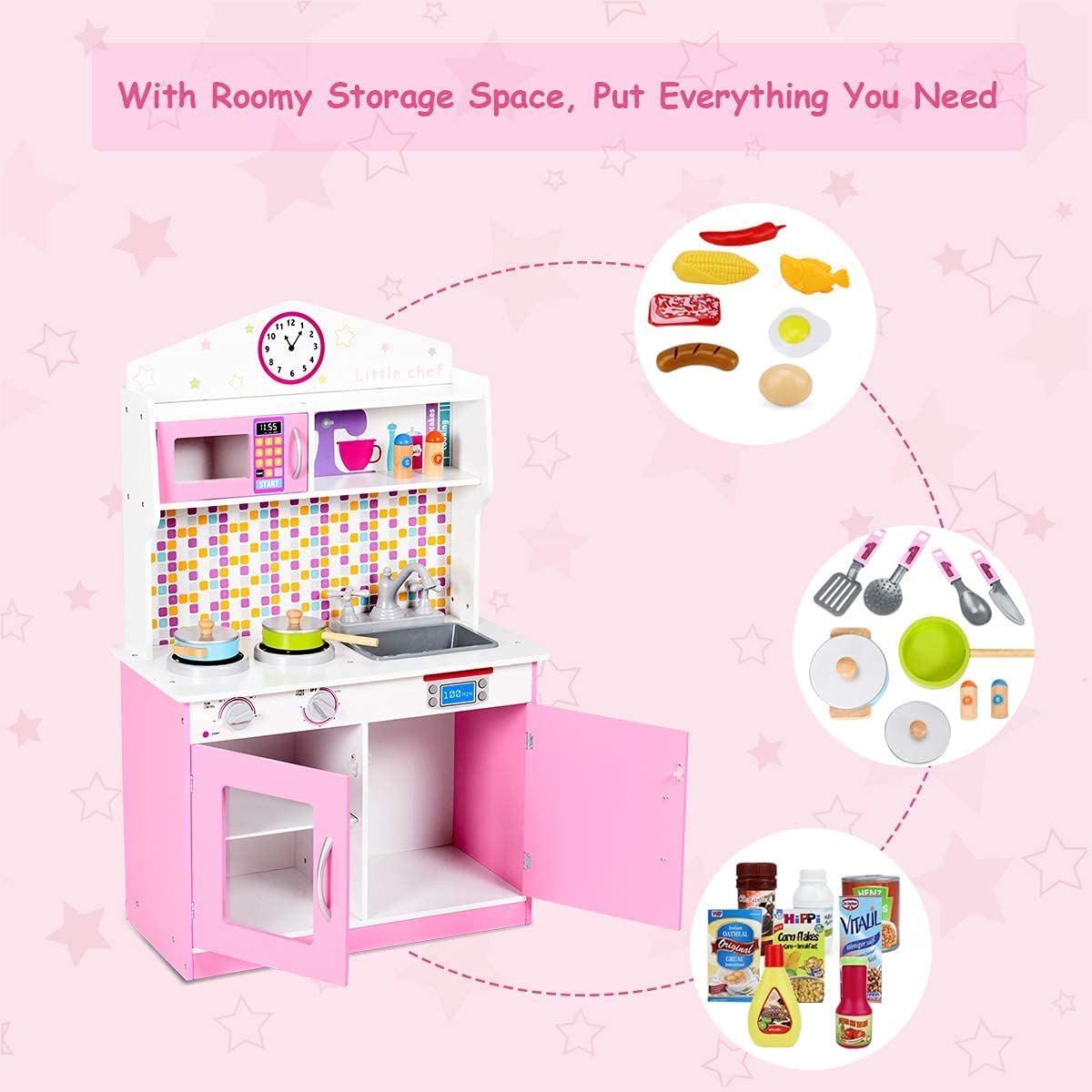 Fireflowery Kids Kitchen Playset, Wooden Cookware Set with Removable Sink, Pegs on The Wall, Microwave,Top Display Shelf, Play Kitchen for Toddlers 3+ (Pink)