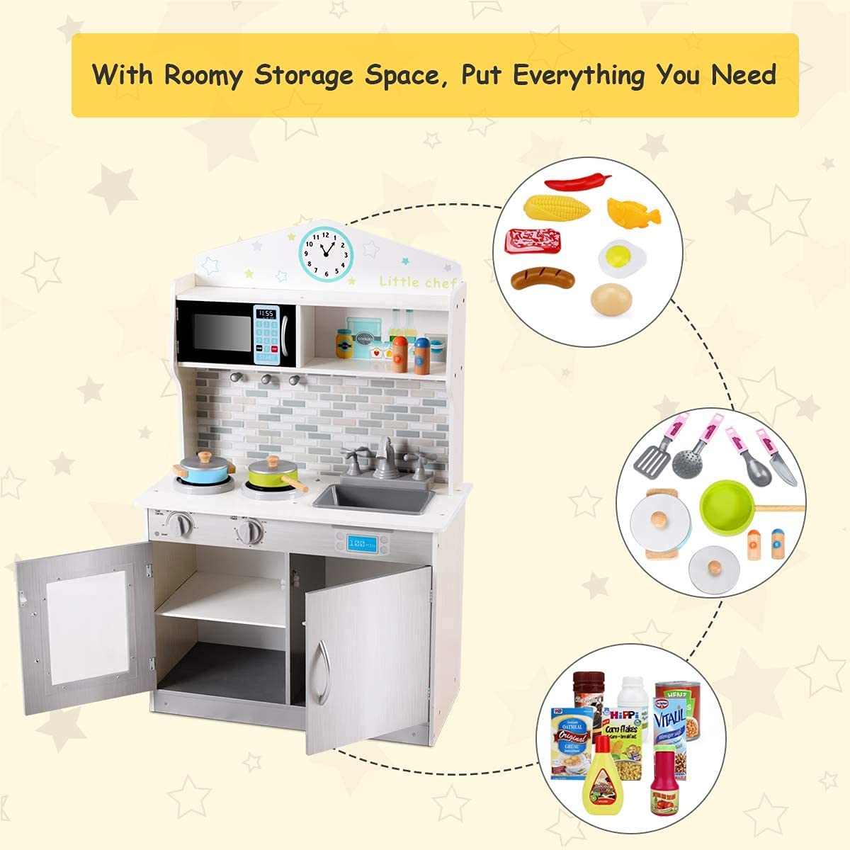 Fireflowery Kids Kitchen Playset, Wooden Cookware Set with Removable Sink, Microwave, Pegs on The Wall, Top Display Shelf, Play Kitchen for Toddlers 3+ (White)