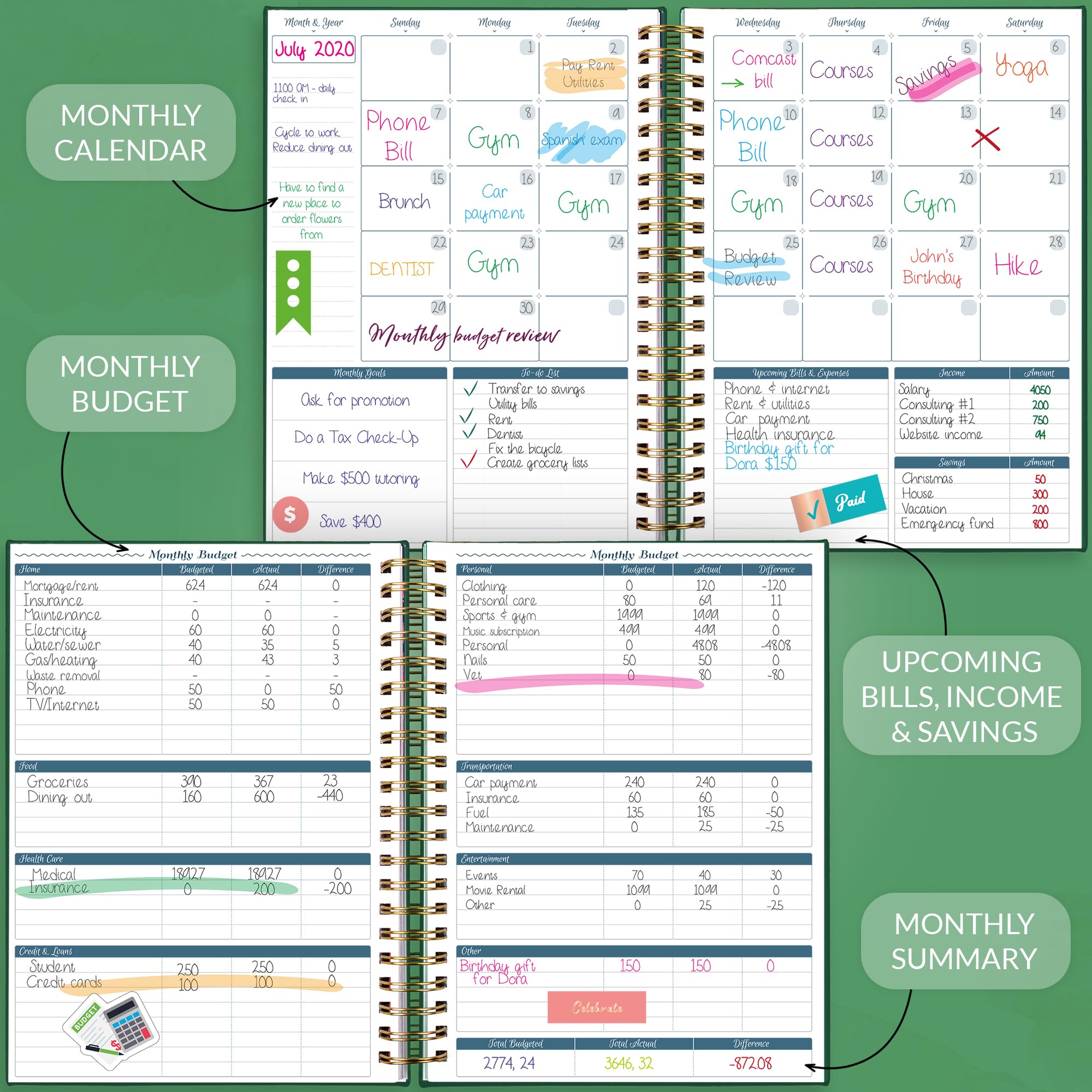 GoGirl Budget Planner & Monthly Bill Organizer – Monthly Financial Book with Pockets. Expense Tracker Notebook Journal, Large (Dark Green)