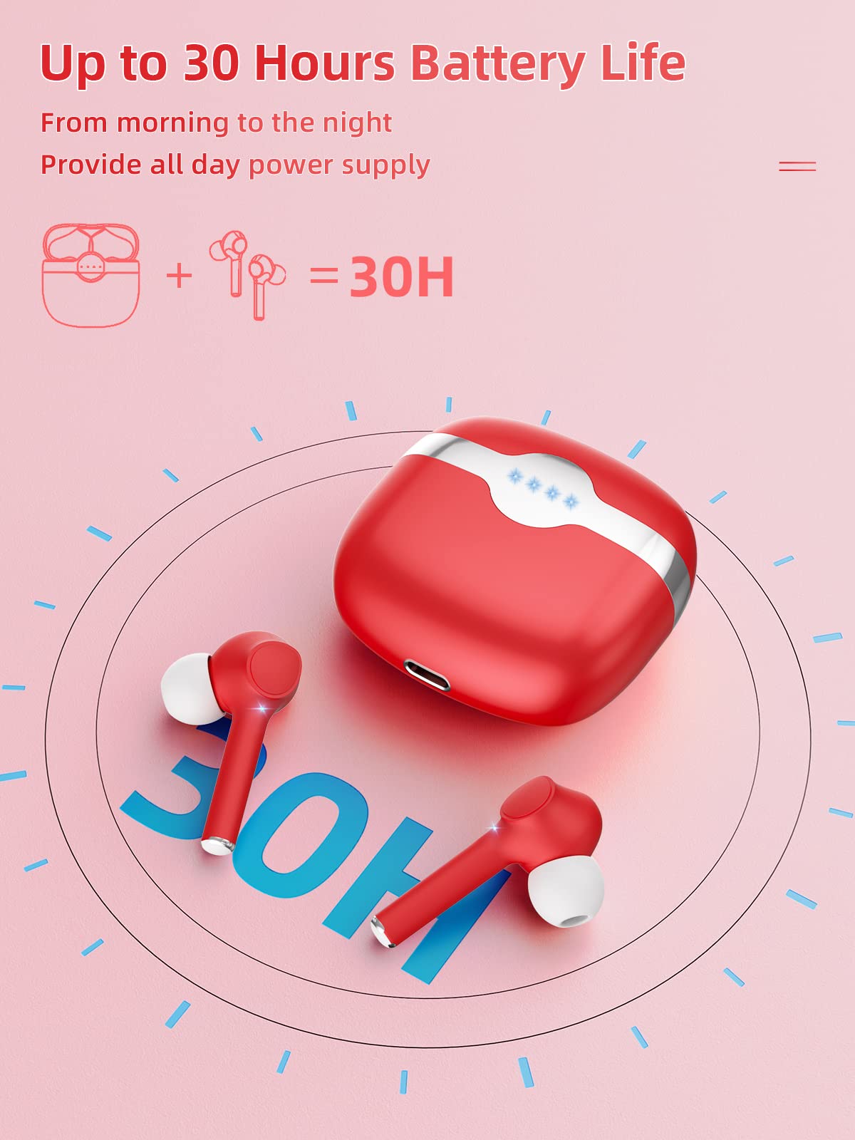 Earbuds Wireless Bluetooth,Noise Cancelling ENC Clear Call Ear Buds with 4 Mic,Bluetooth Headphones 4 Dynamic Drivers,Waterproof Wireless Earbuds,Touch Control Earphones for iPhone Android (Red)