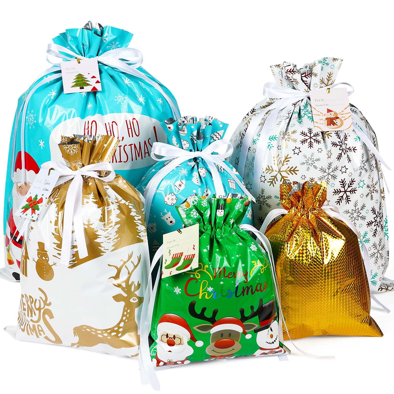 JOINDO 30pcs Christmas Bags with Drawstring, Xmas Gift Bags with Name Tags, Holiday Wrapping Bags Assorted Sizes (Jumbo, Large, Medium, Small)